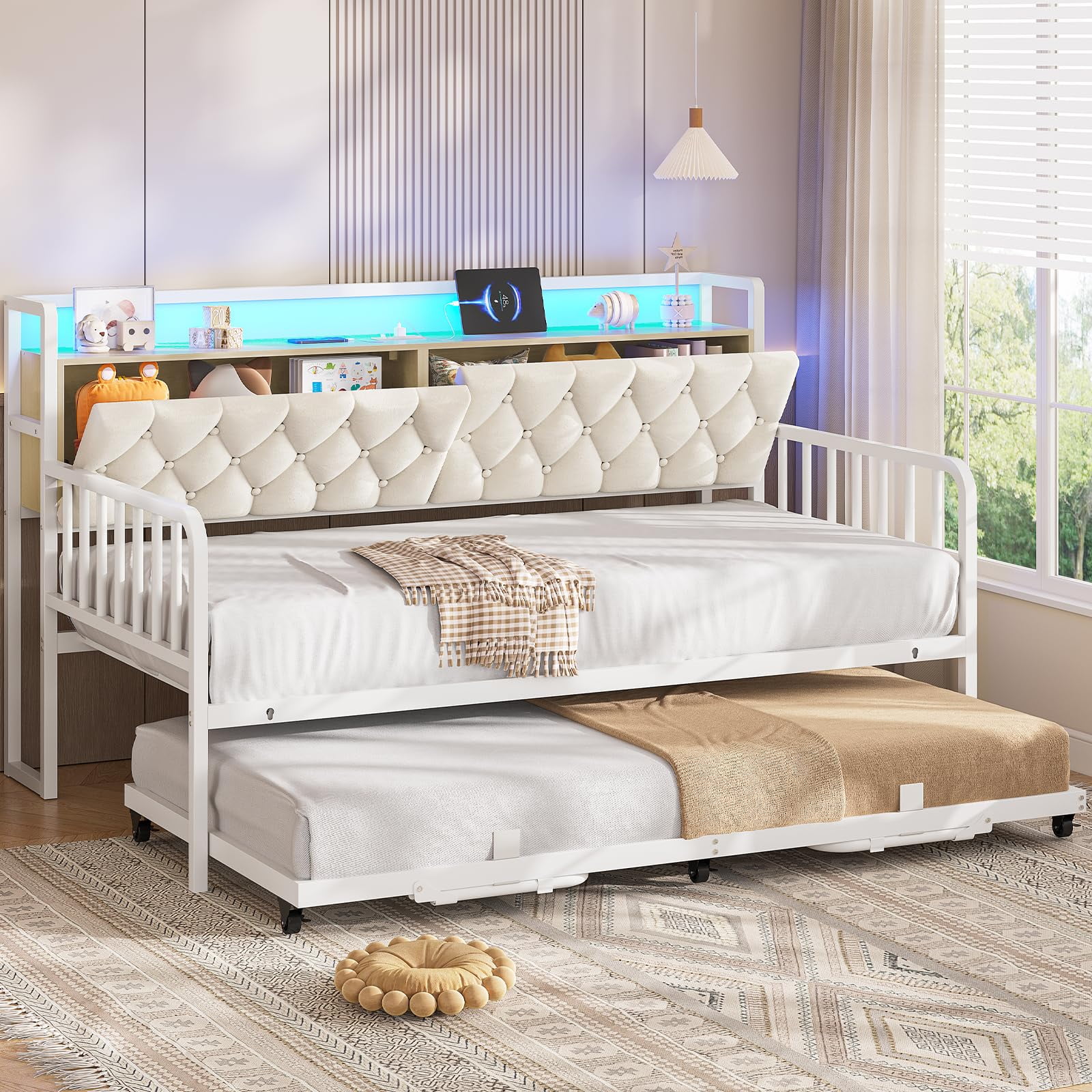 Daybed with Trundle, Twin to King Daybed with Charging Station & LED Lights, Metal Trundle Bed ...