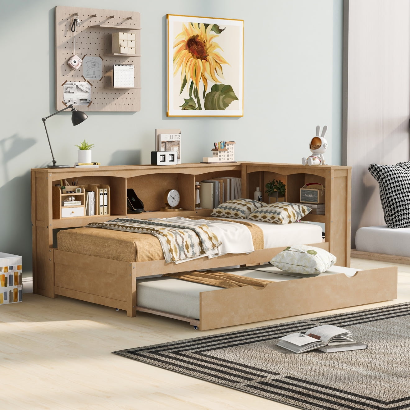 Daybed with Trundle Twin Size Day Bed Frame with 5 Built-in Storage ...