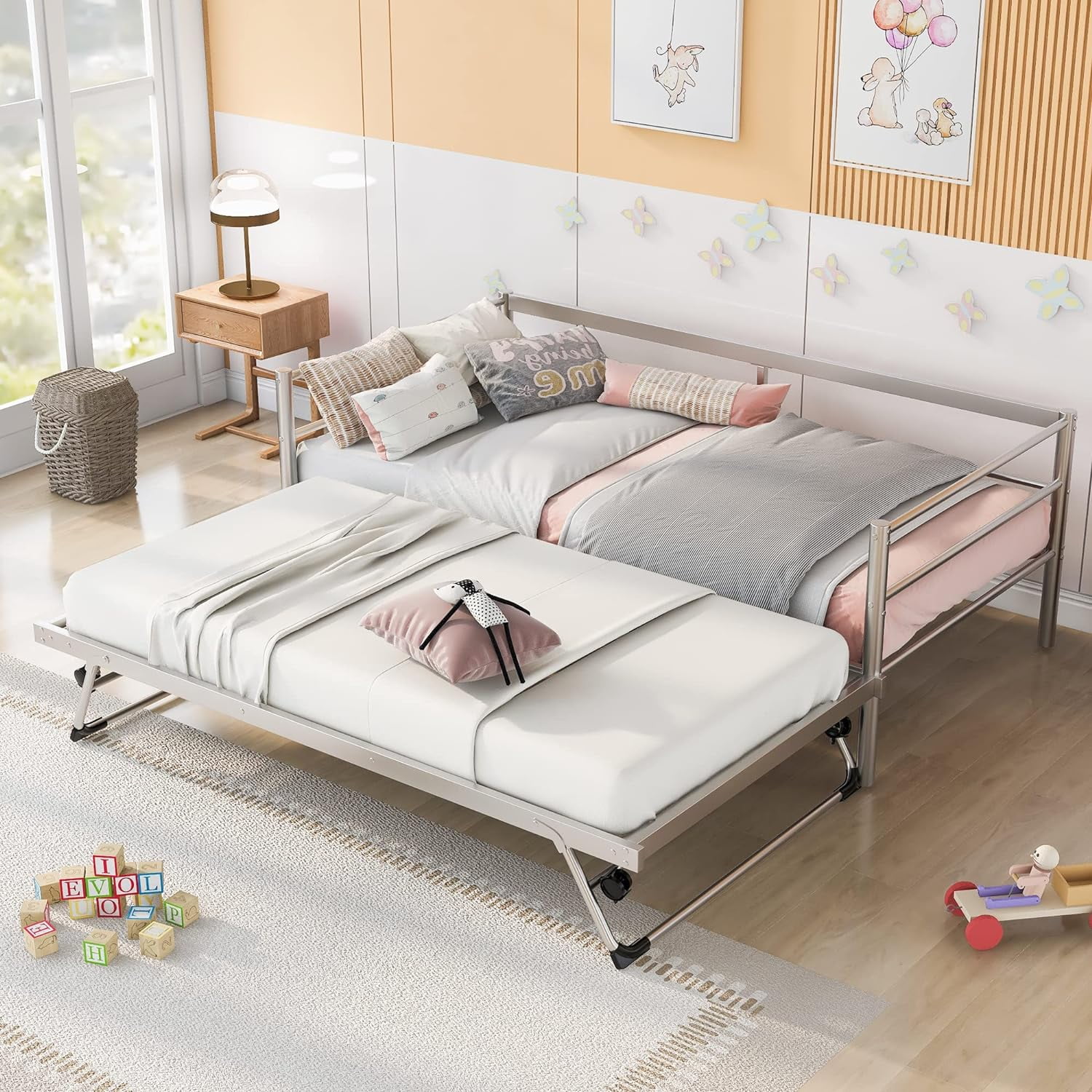 Daybed, Twin Size Metal Daybed with Adjustable Trundle, Daybed Frame ...