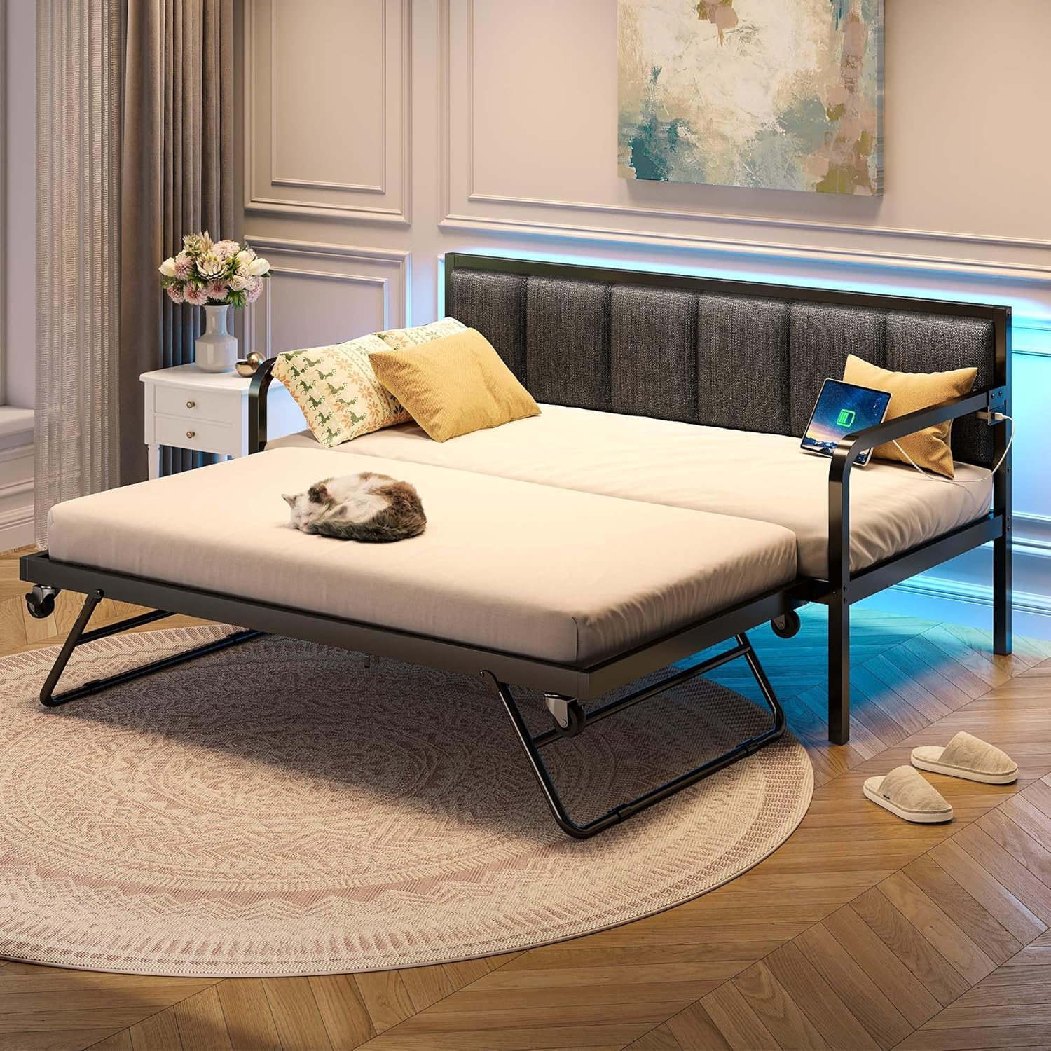 Daybed with USB Charging Station and LED, Height Adjustable Twin Daybed ...