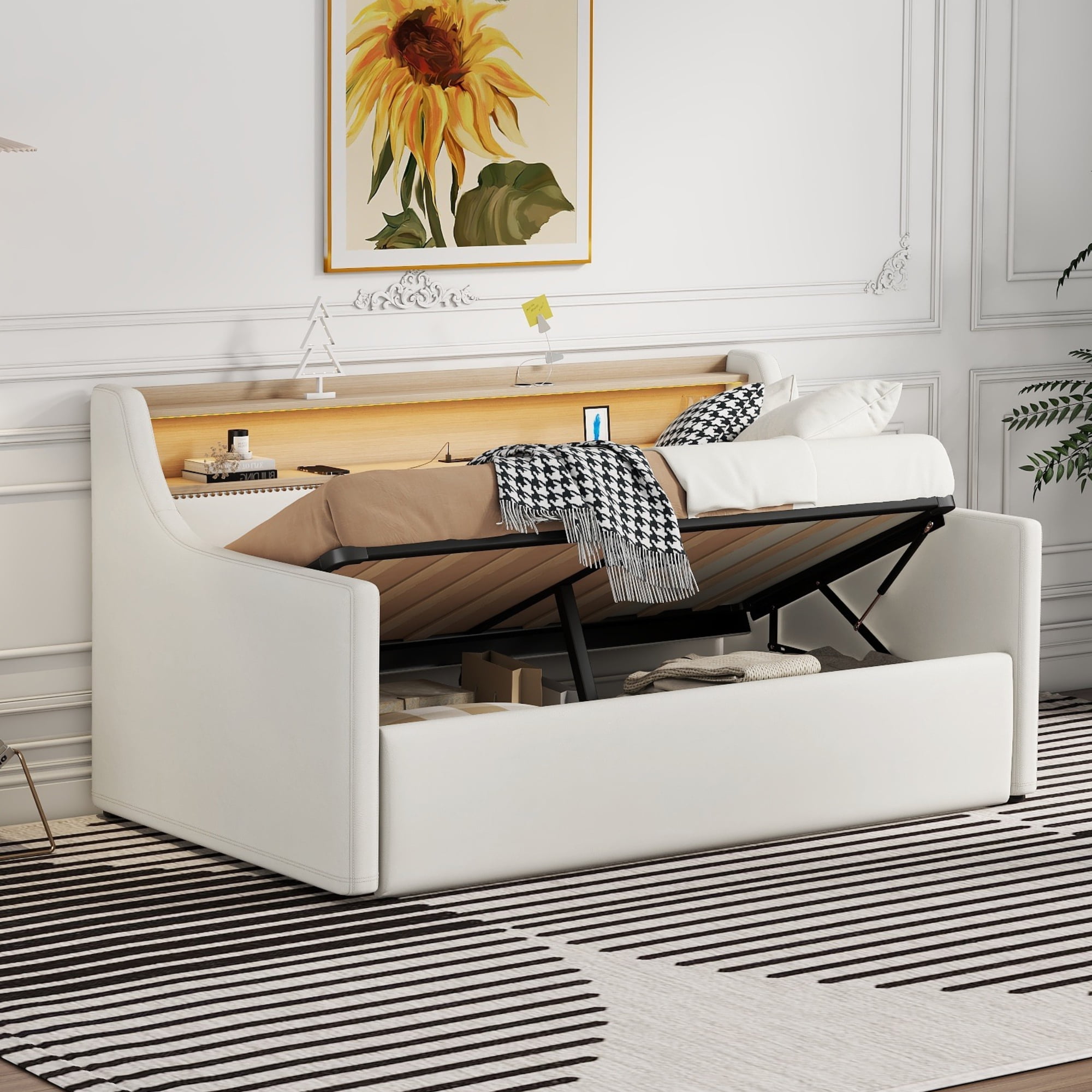 Daybed with Hydraulic Storage, Upholstered Daybed with Lift Up Storage ...