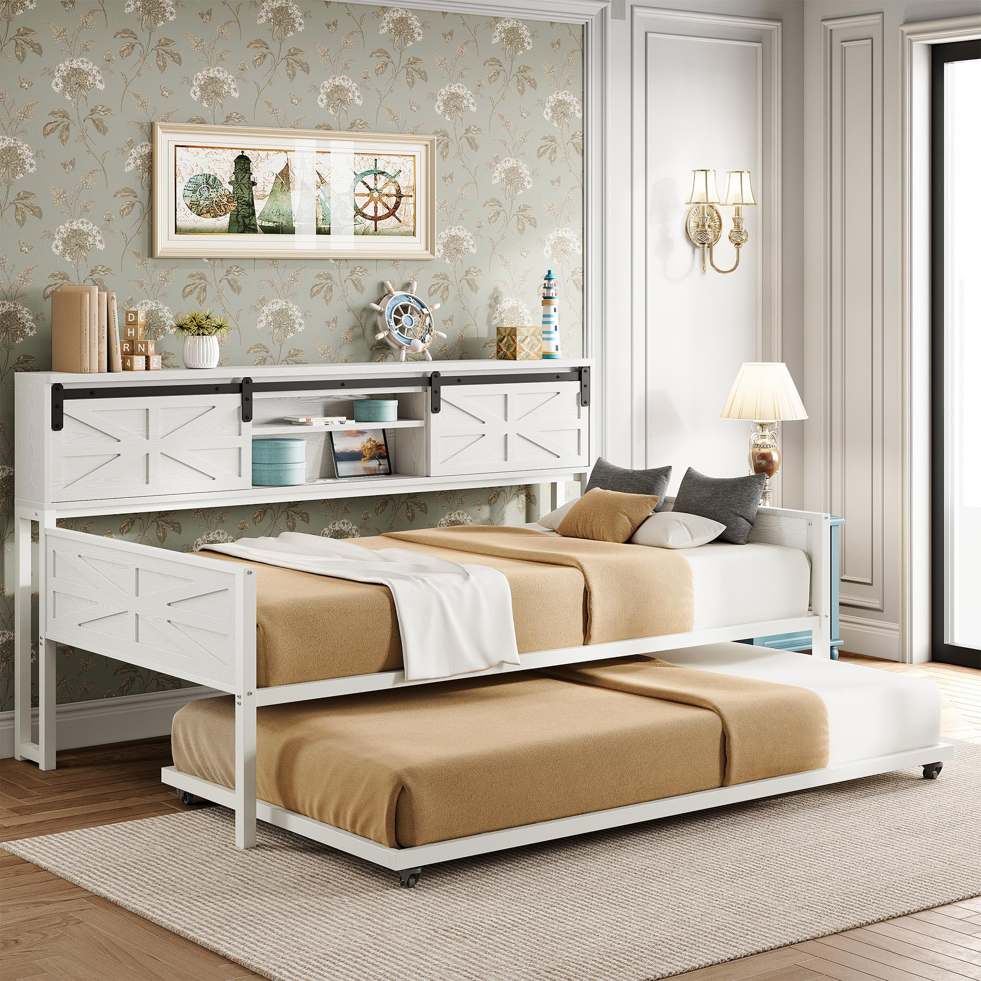 Daybed with Storage Trundle Twin Size, Sliding Barn Doors Charging ...