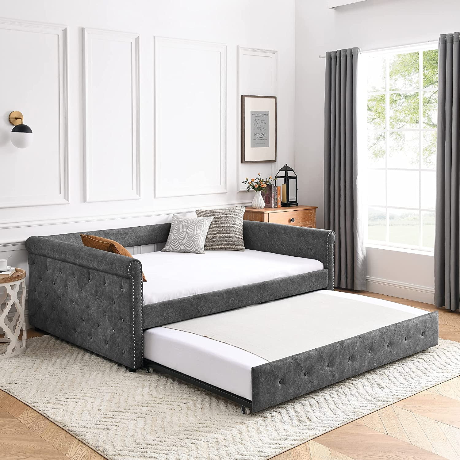 Muumblus Modren Twin Daybed With Pull Out Trundle Upholstered Sofa Bed