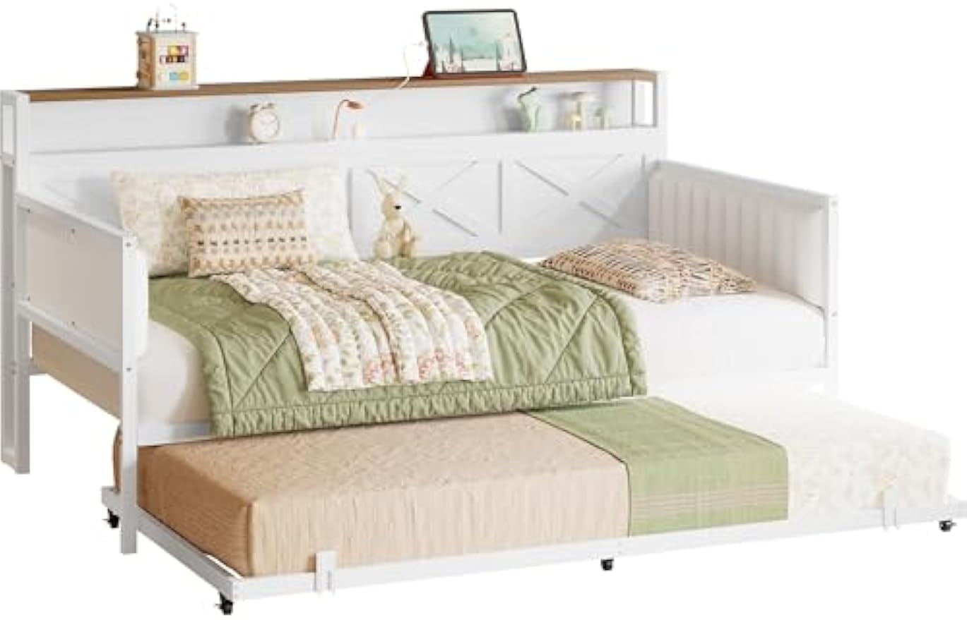 Daybed with Trundle, Sturdy Metal Twin Bed Frame with X-Shaped Frame ...