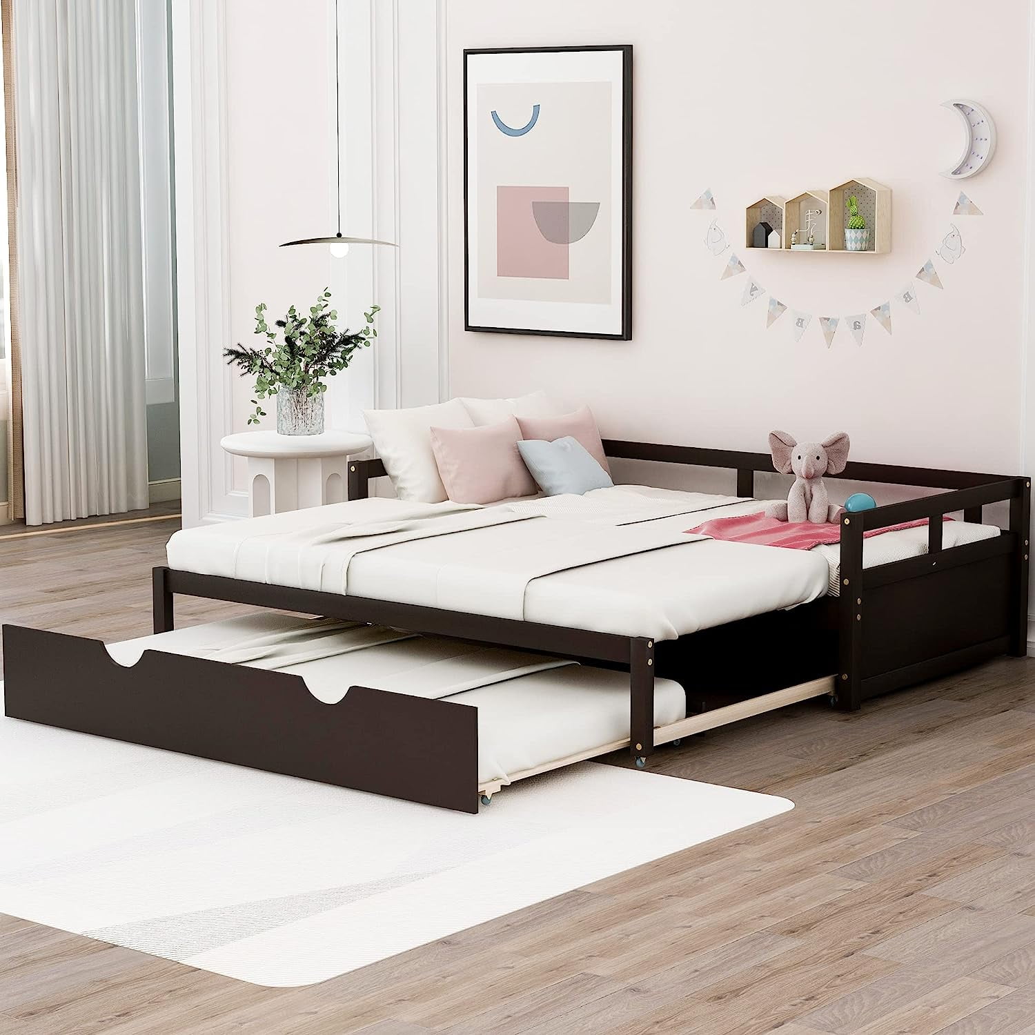 Daybed with Trundle, Twin to King Design Sofa Bed, Wooden Extendable ...