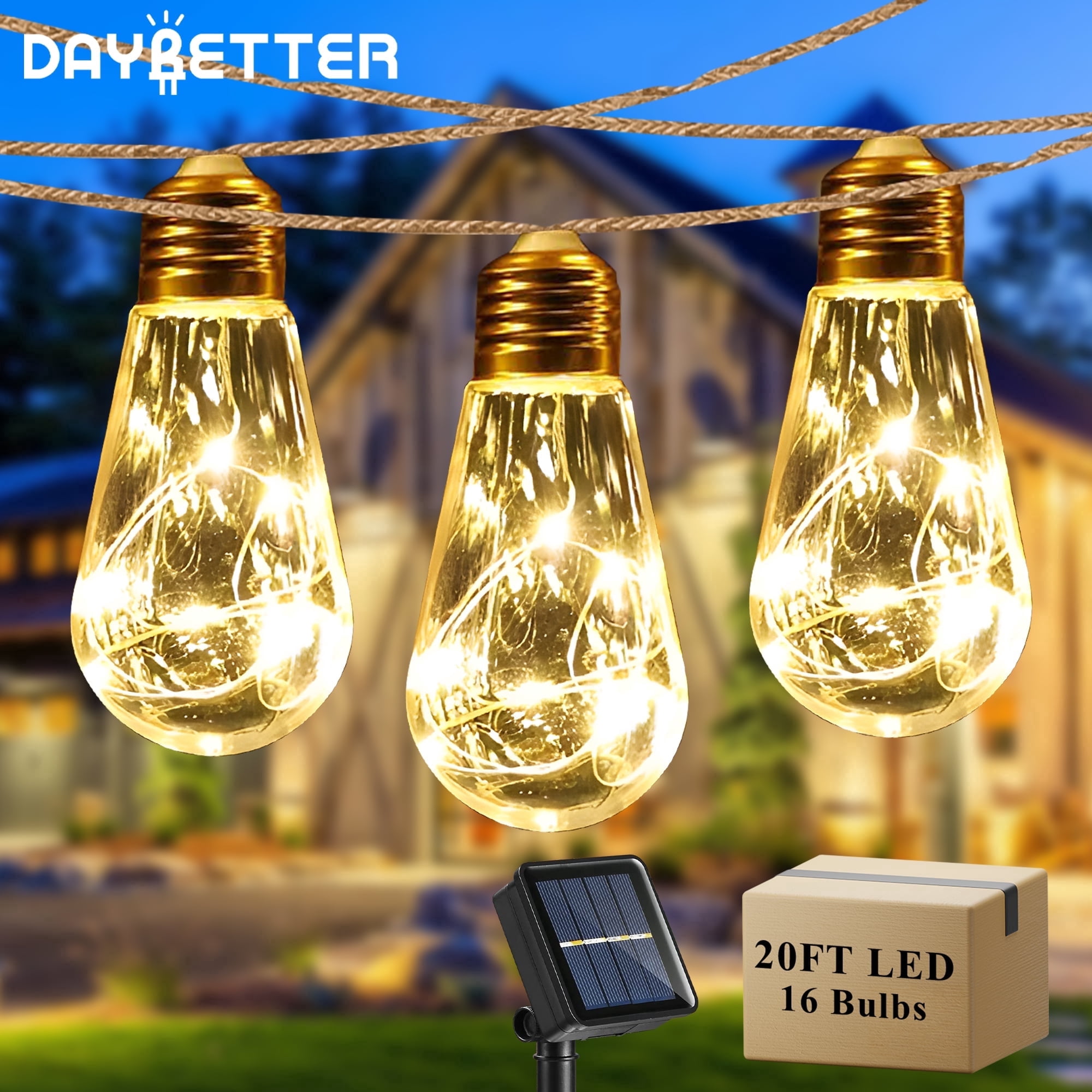 DAYBETTER Solar Outdoor String Lights 20FT 16 Bulbs, 8 Modes Warm White ...