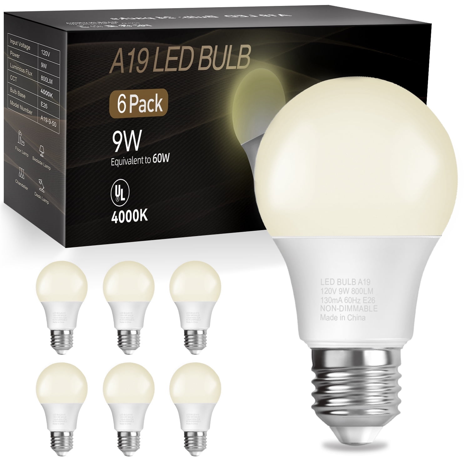 DAYBETTER A19 LED Light Bulbs, 60W Equivalent,4000K Cool White, 9W 800 ...