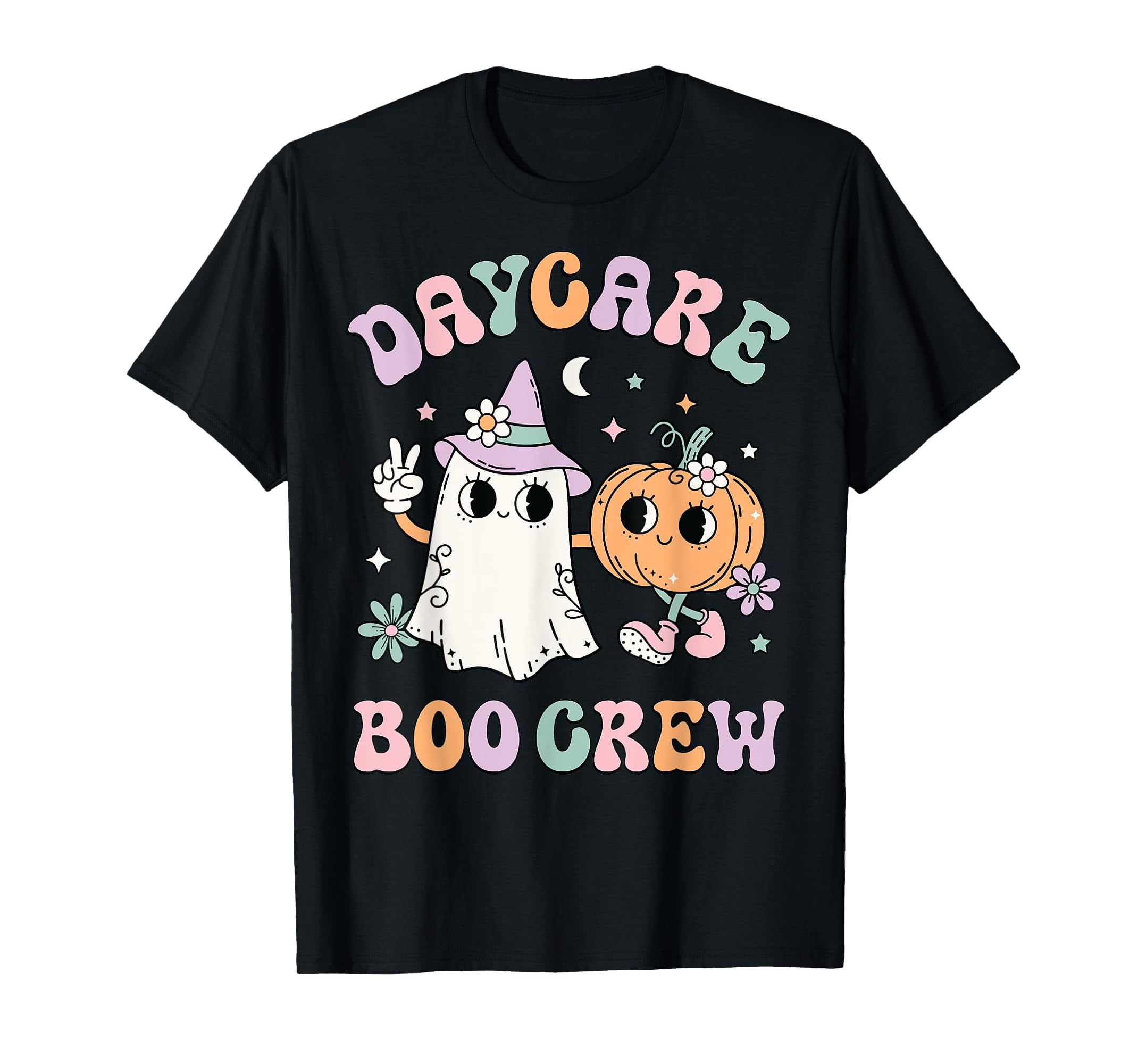 Daycare Boo Crew Groovy Halloween Floral Ghost Kid Teacher T-Shirt ...