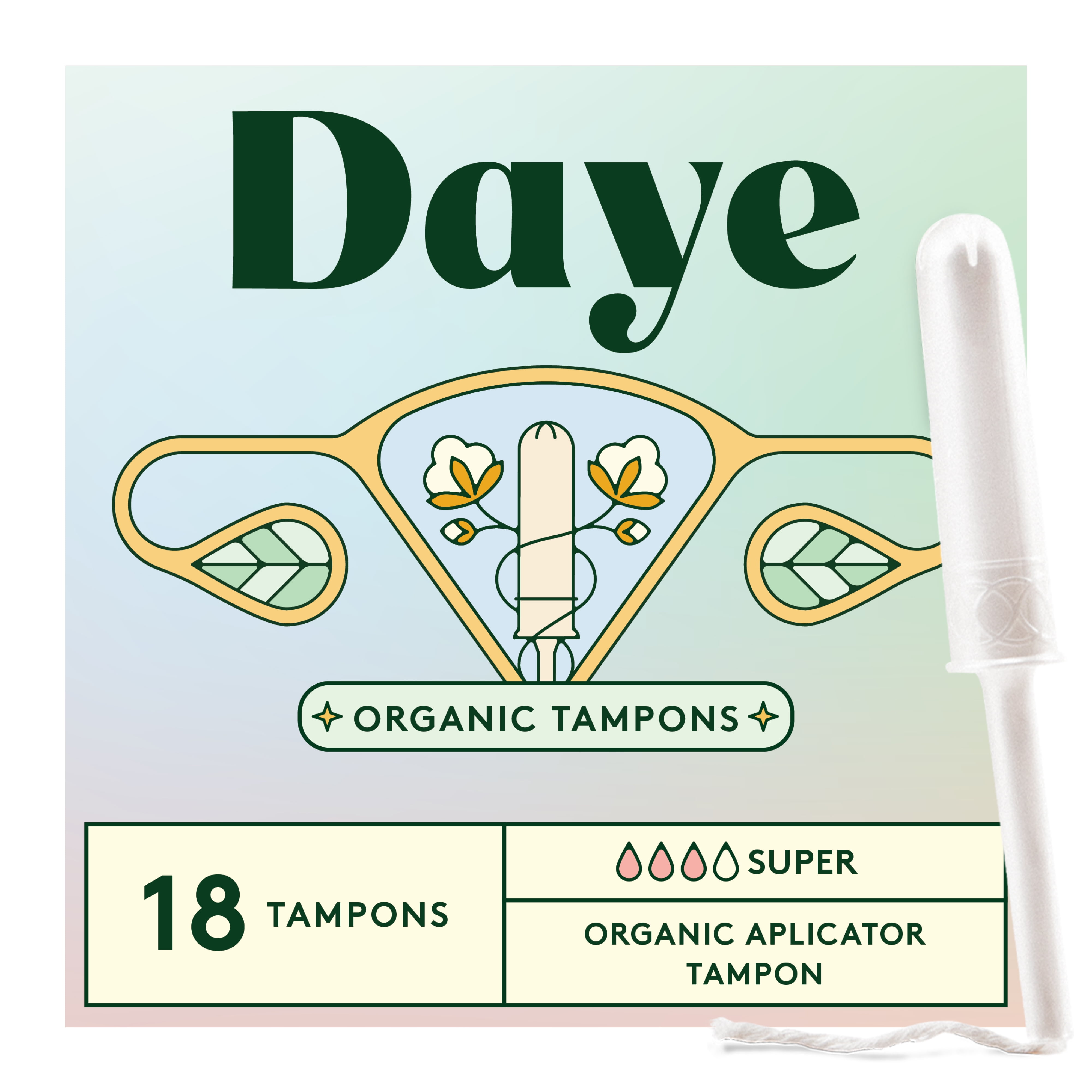 Daye Organic Tampons, Super Absorbency, Gamma Ray Sanitized, 18 Ct ...
