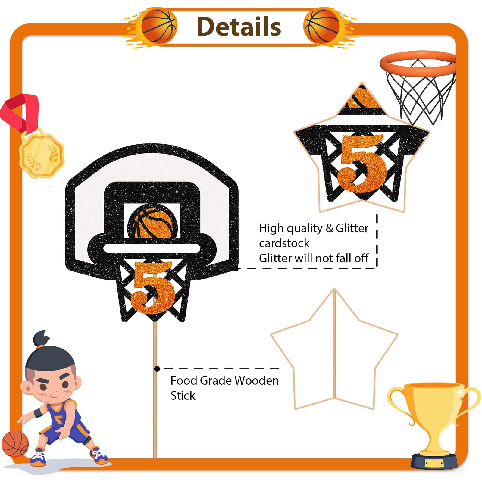 Dayesque Glitter Paper Basketball Cake Toppers 5th Sports Theme Cupcake ...