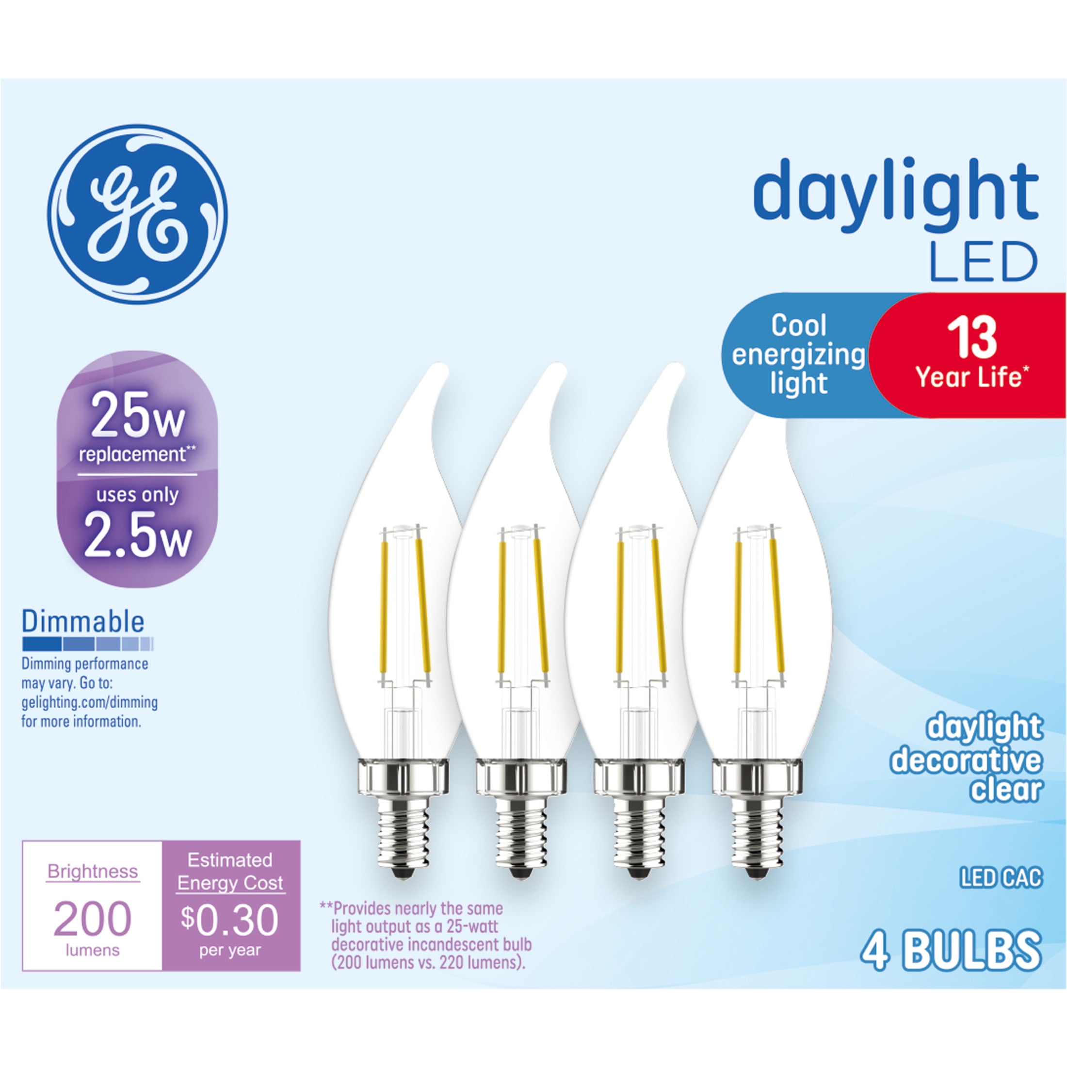 GE LED Light Bulbs, 25 Watt Replacement, Daylight, CA11 Decorative ...