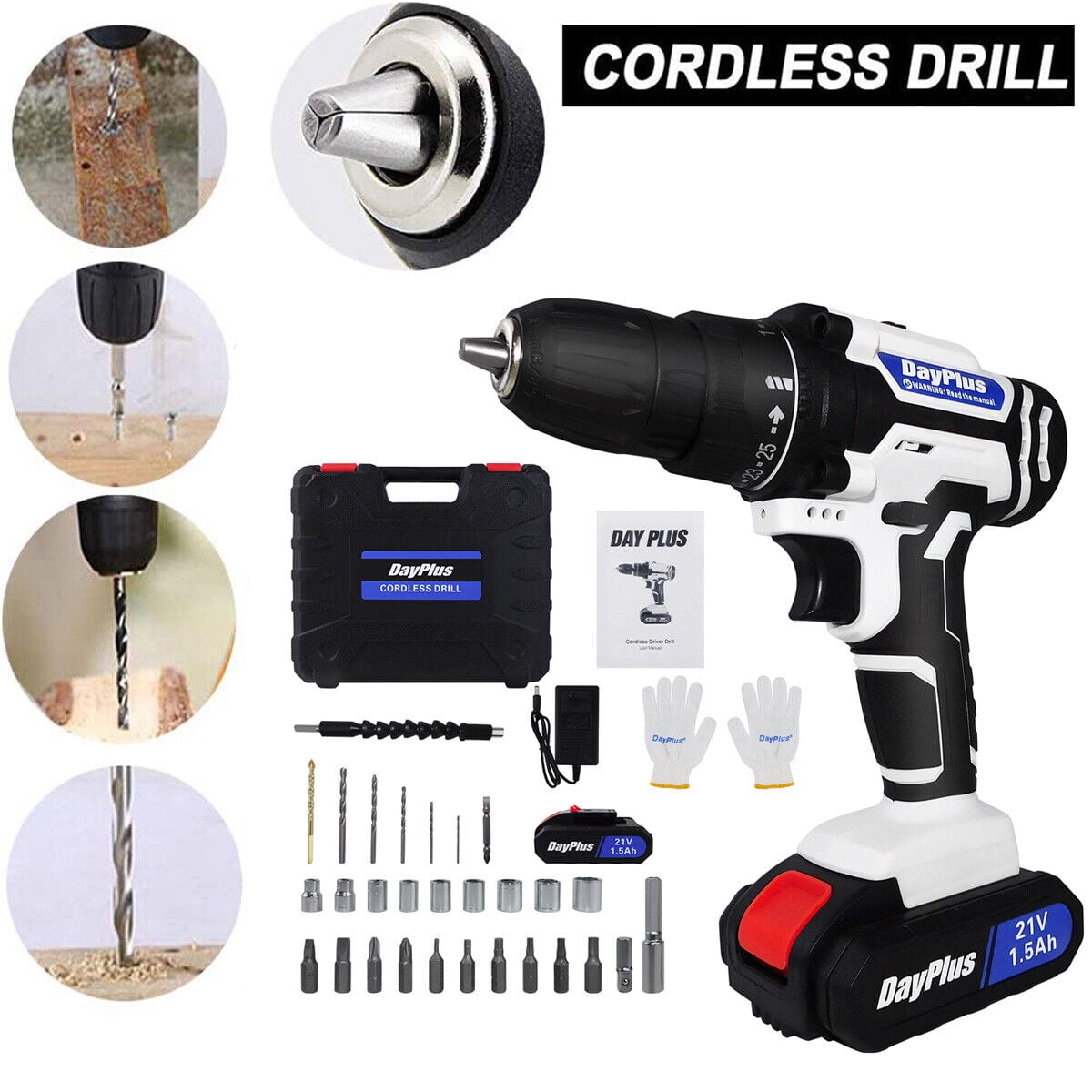 Dayplus, 21V Electric Cordless Drill, 2-Speed, with Bits Set and ...