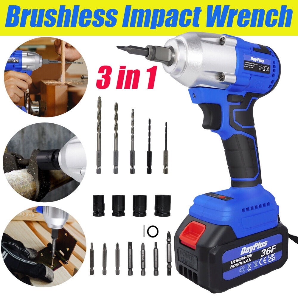 Dayplus 21V Brushless Powerful Cordless Impact Wrench Drive Tool Li-Ion ...