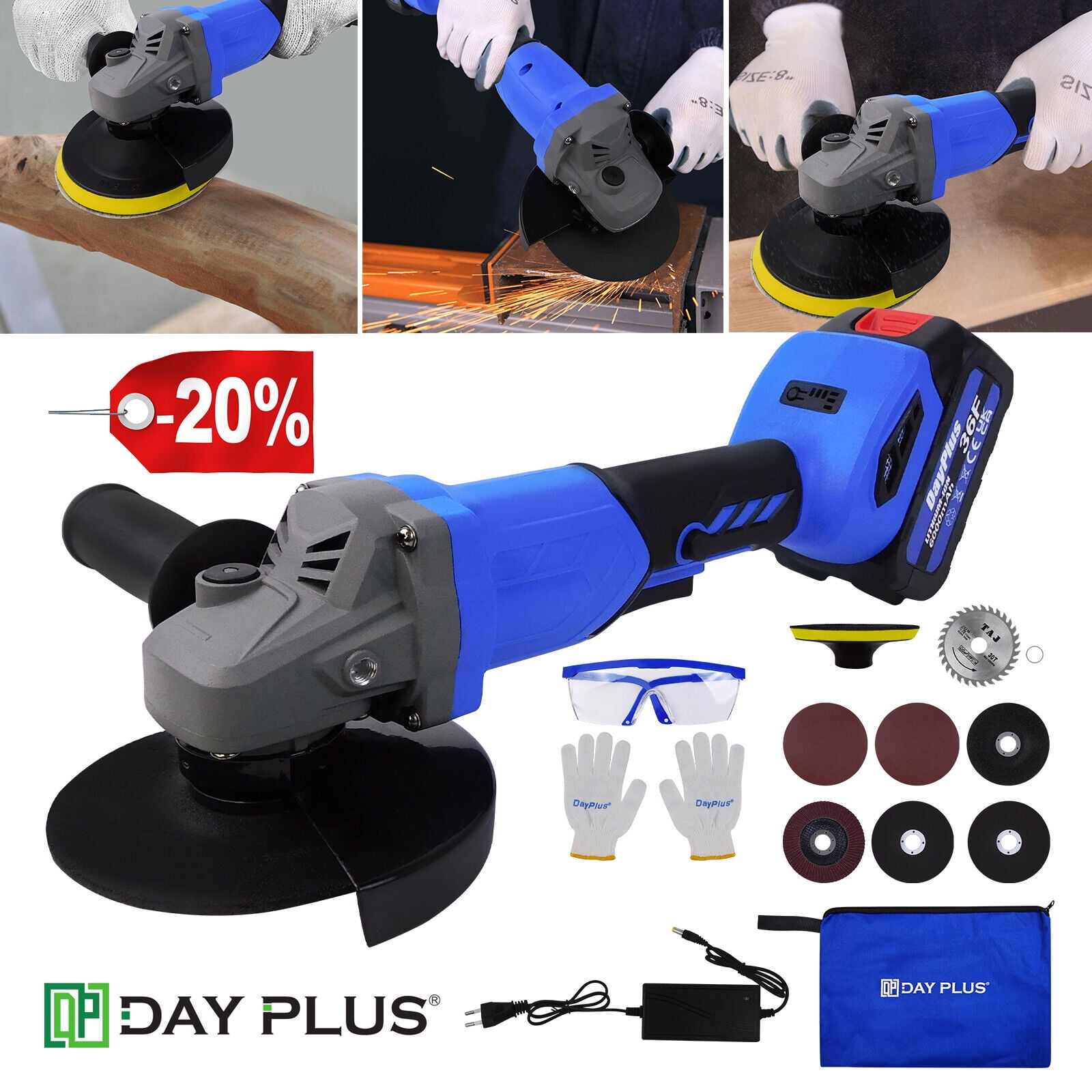 Dayplus 21V Cordless Angle Grinder with Battery and Charger & Disc Kit ...