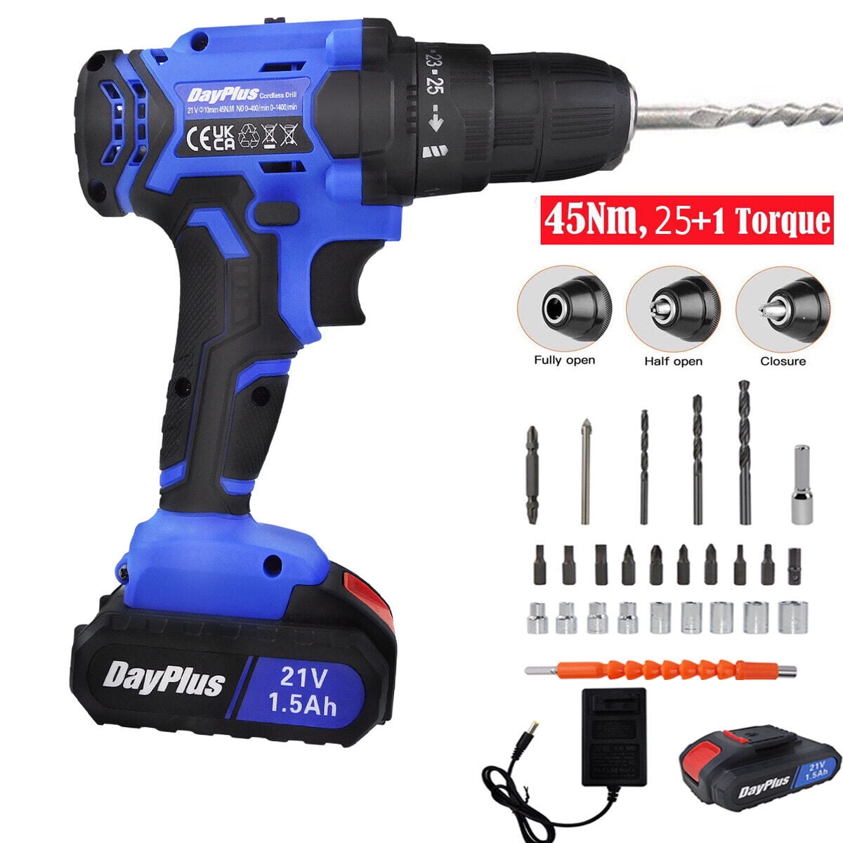 Dayplus 21V Power Lithium Rechargeable Battery Cordless Drill, Electric ...