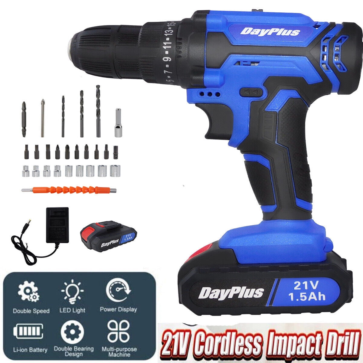 Dayplus 21V Portable Cordless Power Drill Set Impact Screw Driver 1x ...