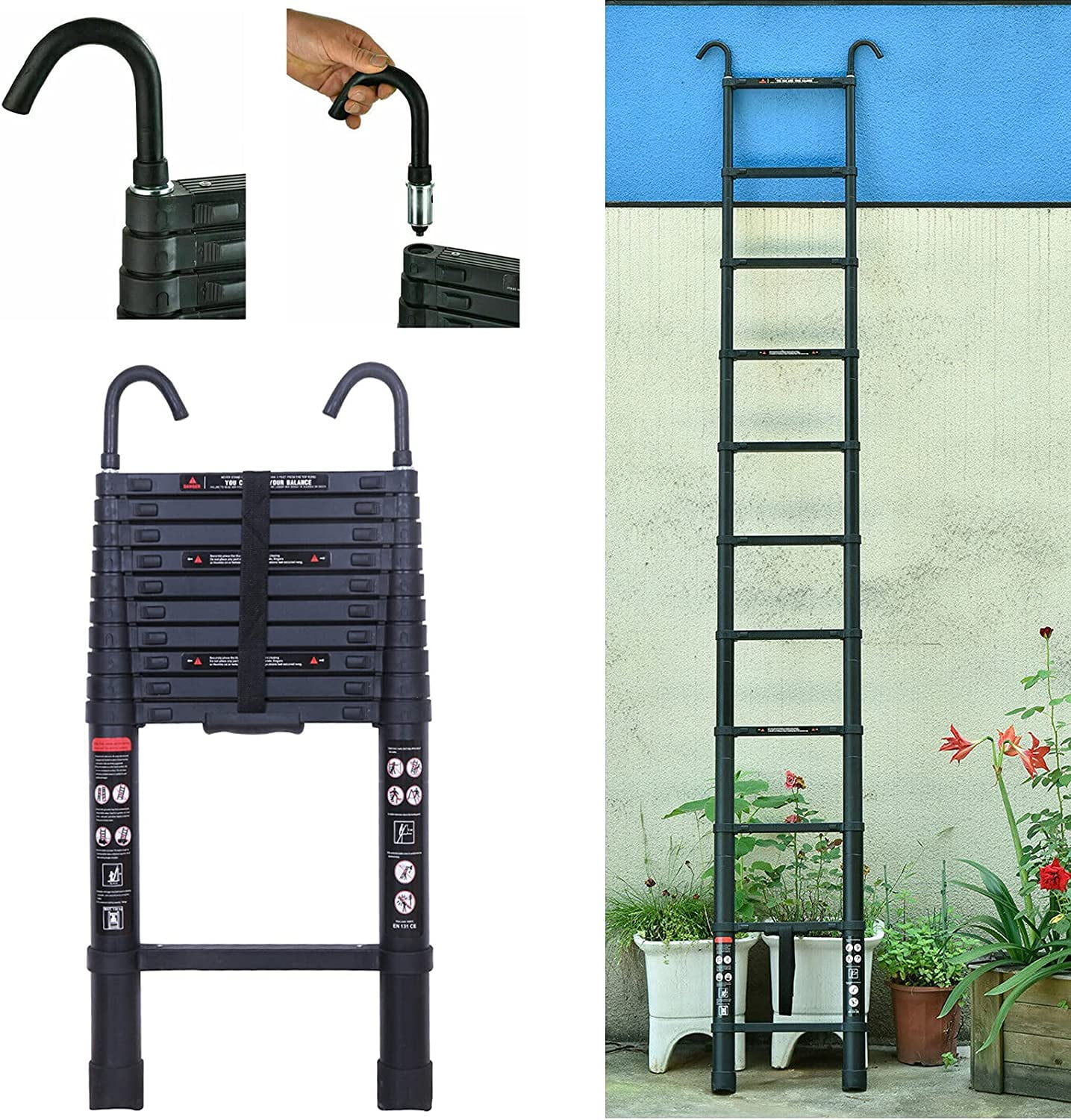 Dayplus 3.2M/10.5Ft Folding Aluminum Telescopic Extension Ladder Step ...