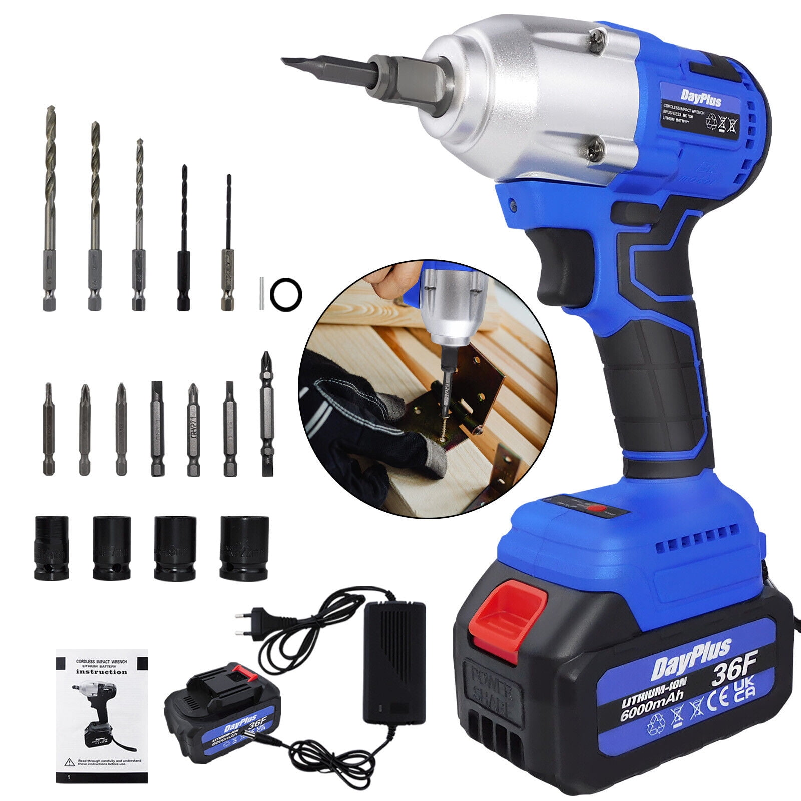 Dayplus 3 IN 1 Cordless Impact Wrench 6.A Li-ion Impact Electric Driver ...