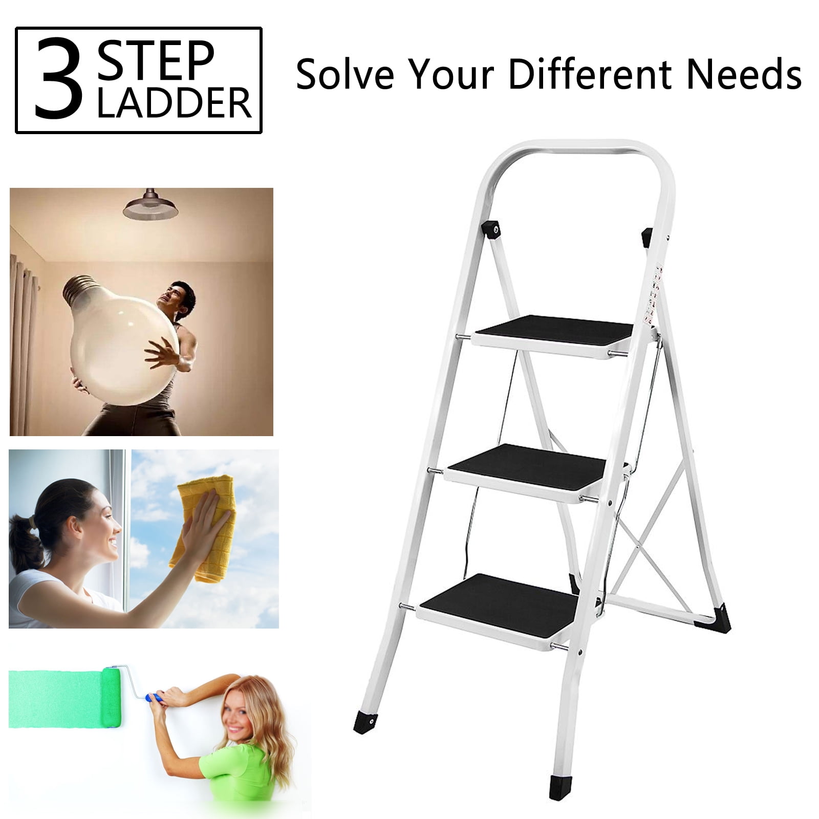 Dayplus 3 Step Steel Portable Folding Ladder Foldable Stepladder Anti ...