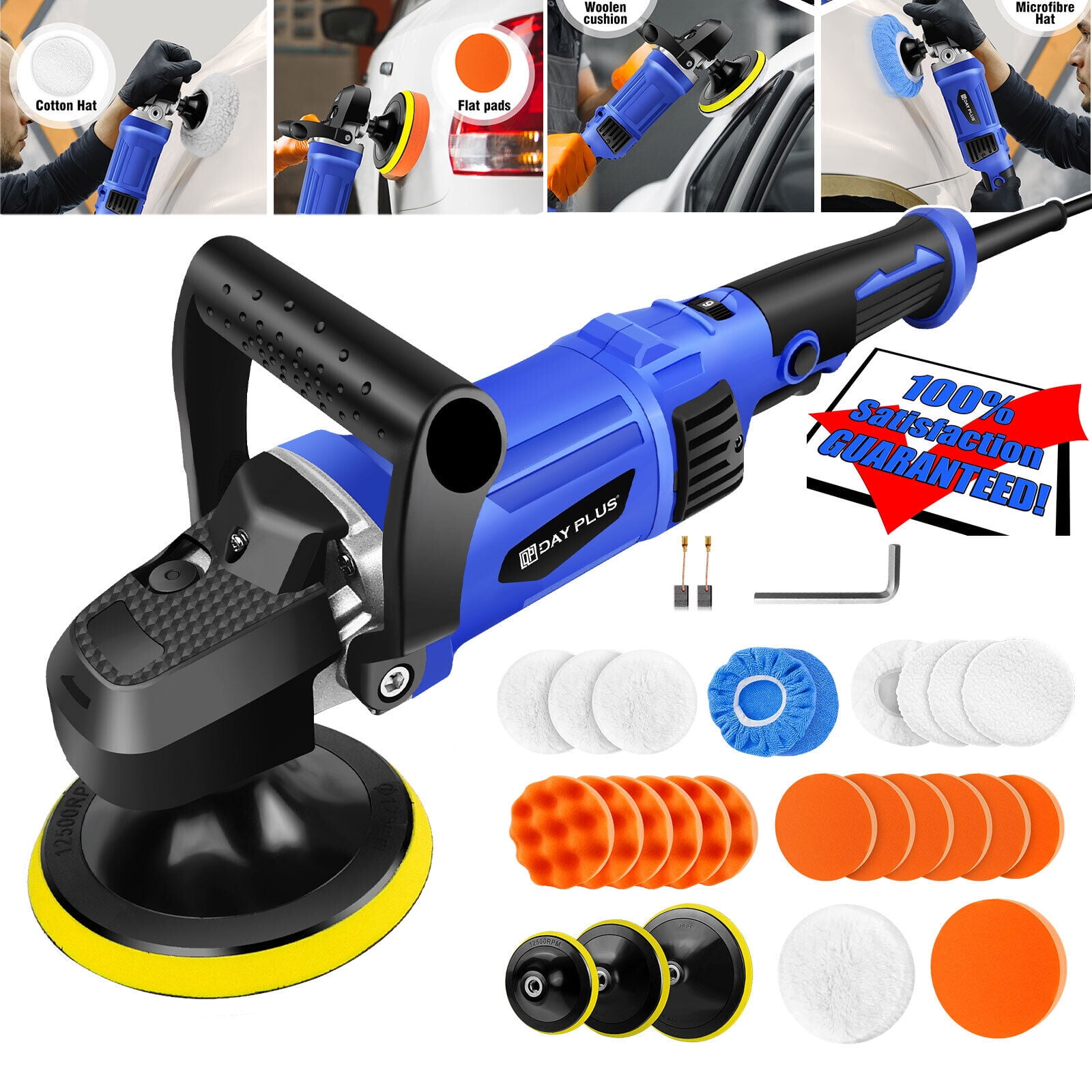 Dayplus 3000W Dual Action Car Polisher Buffer Random Orbital Polishing Machine 5" 6" 7" Pad Mop ...