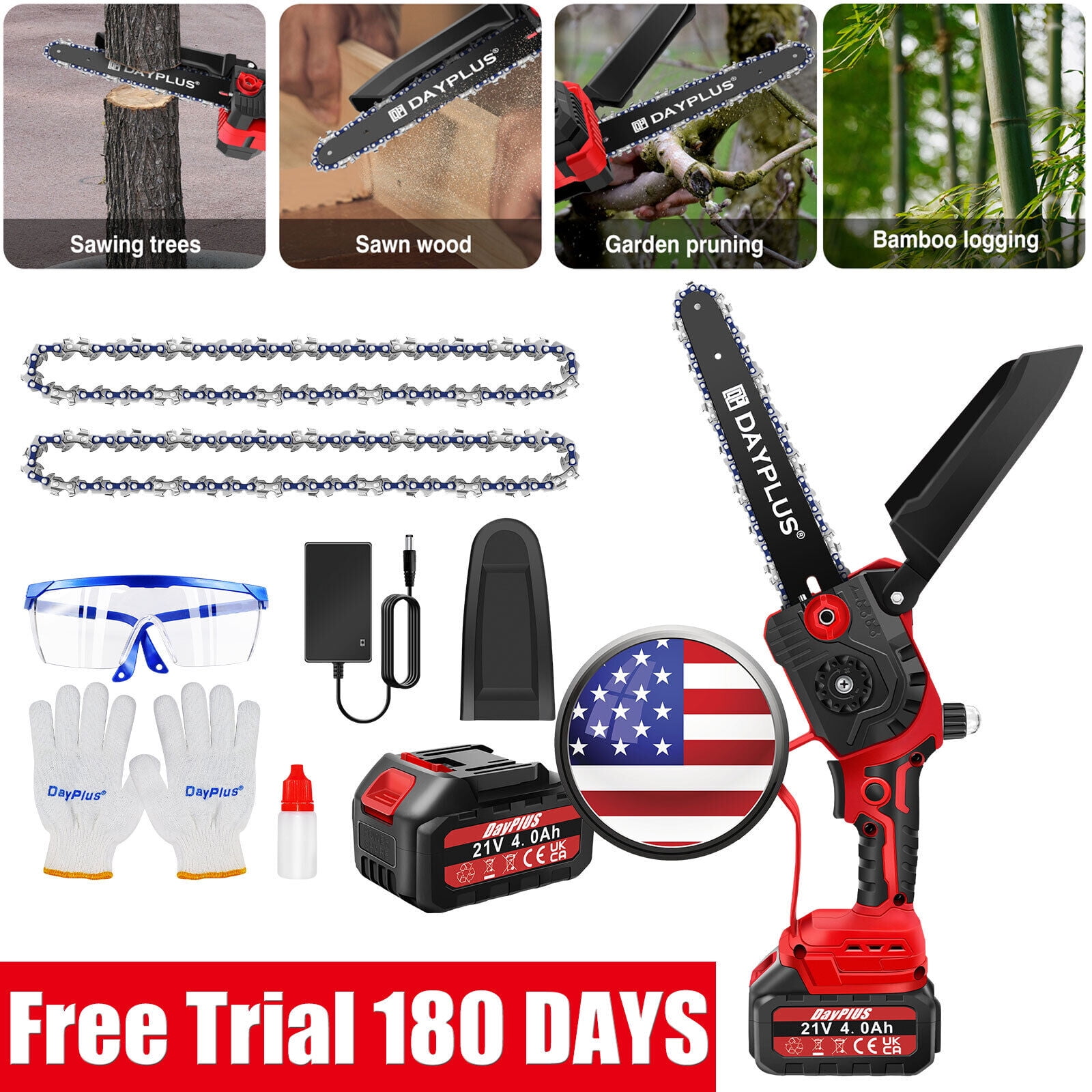 Dayplus 8 Inch Powerful Cordless Chainsaw with 4.0Ah Battery 21V Mini ...