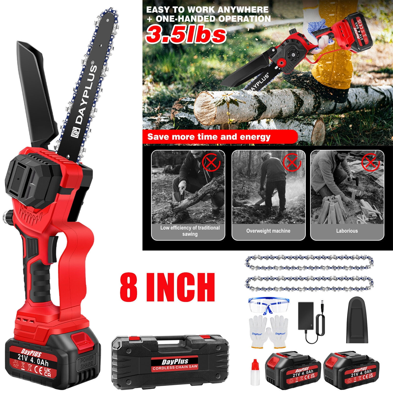 Dayplus Chainsaw Brushless Cordless 8 Inch With 2 * 4.0Ah Batteries and ...
