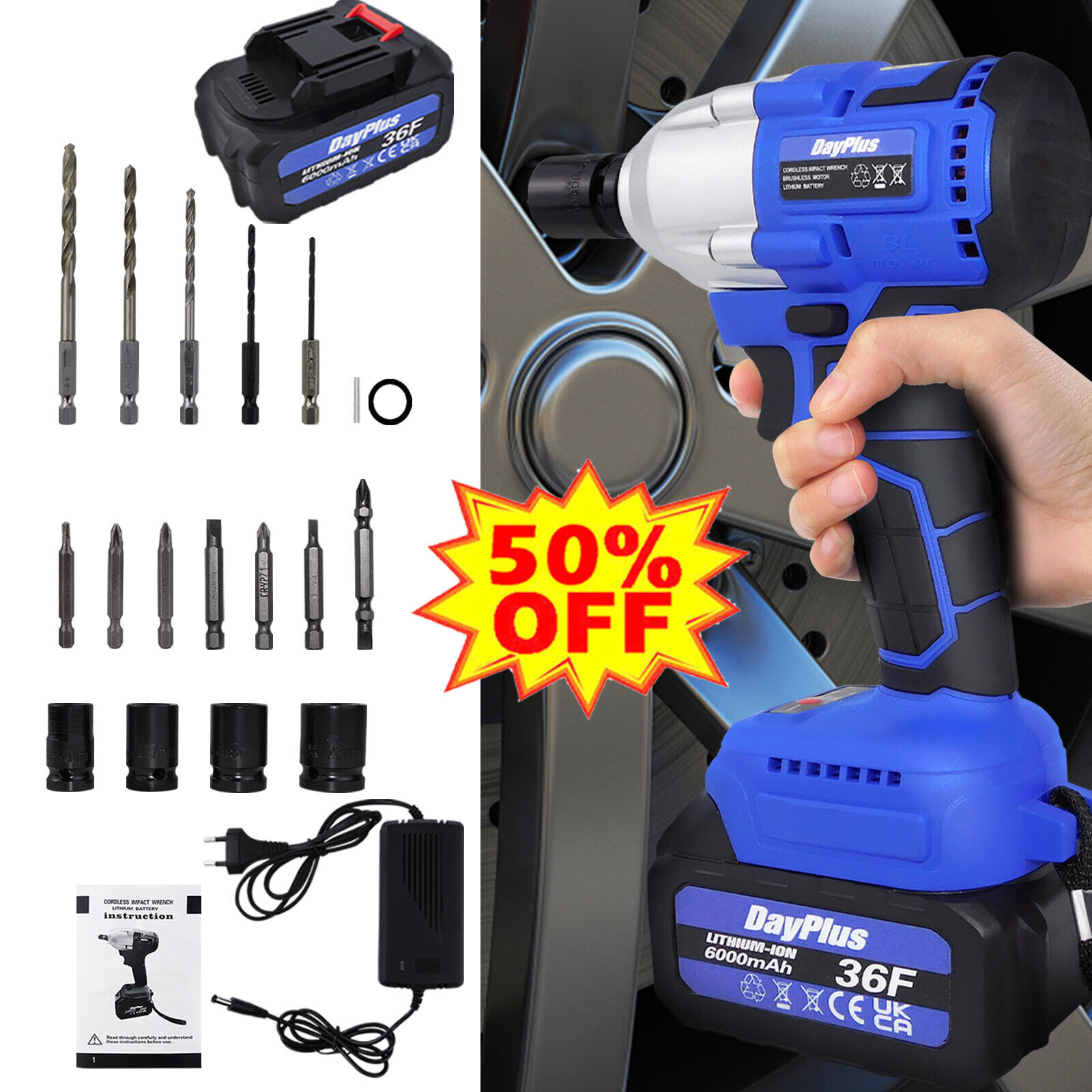 Dayplus Cordless 1/2" Brushless Impact Wrench Rachet Gun Drill ...