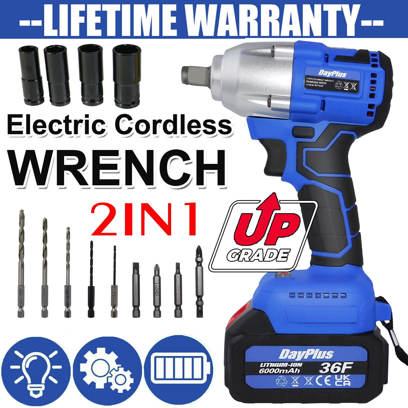 Dayplus Cordless 1/2" High Torque Impact Wrench&Drill Set 21V 1X Li-Lon ...