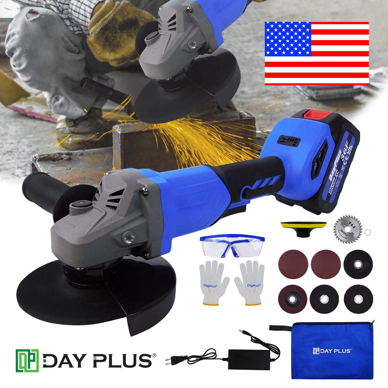 Dayplus Cordless Angle Grinder 21V Brushless Sliding Switch Adjustable ...