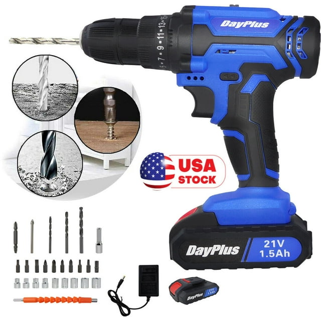 Dayplus Cordless Drill Driver Electric Screwdriver 3/8" Chuck 2 Speed ...