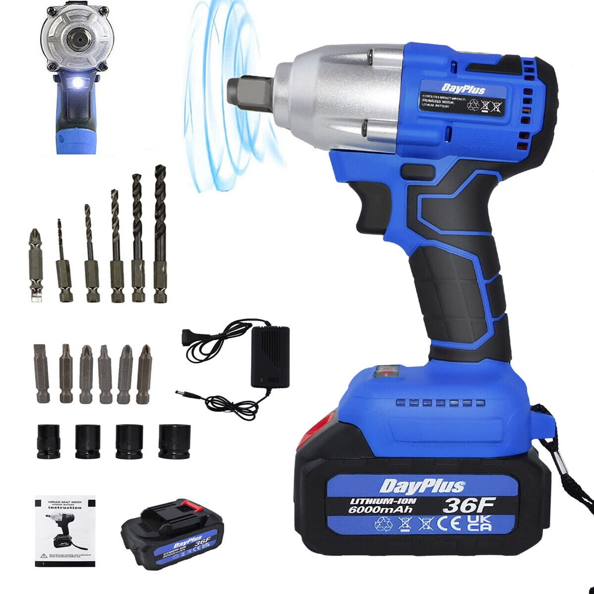 Dayplus Electric Cordless Impact Wrench 1/2" Drive Ratchet Drill Gun 4 ...