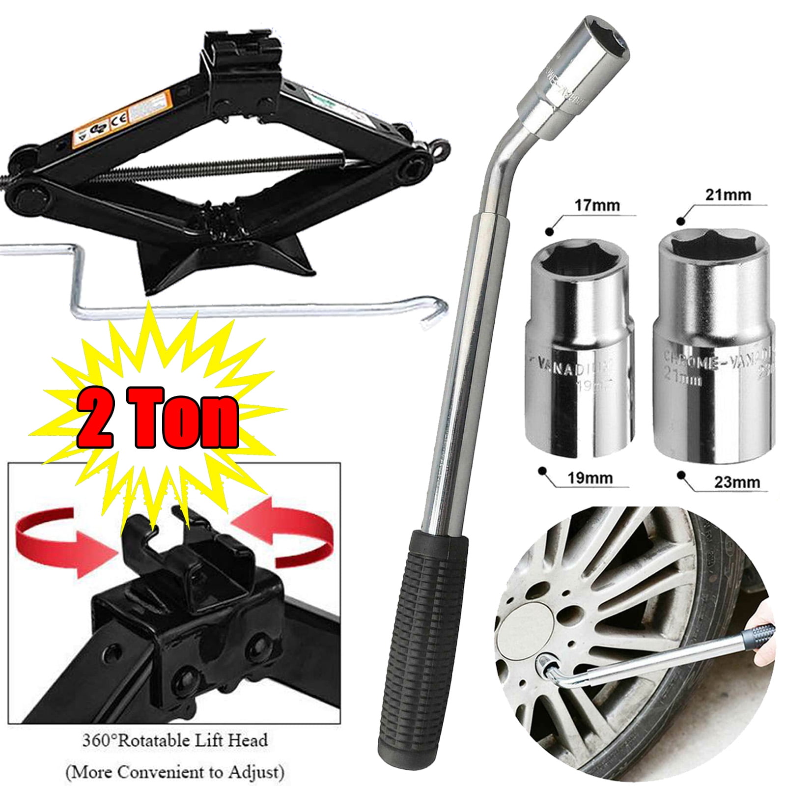 Dayplus Heavy Duty 2 Ton Scissor Jack + Extendable Wheel Wrench Car Van ...