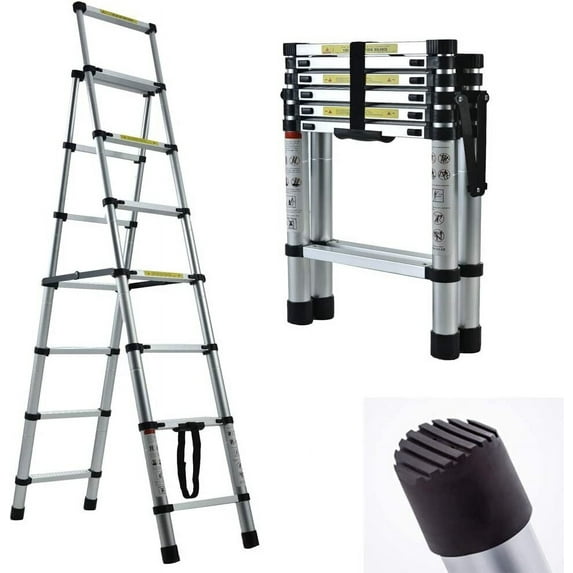 Dayplus Heavy Duty Aluminum Telescoping A-Frame Ladder, 6+7 Step, 6.4ft ...