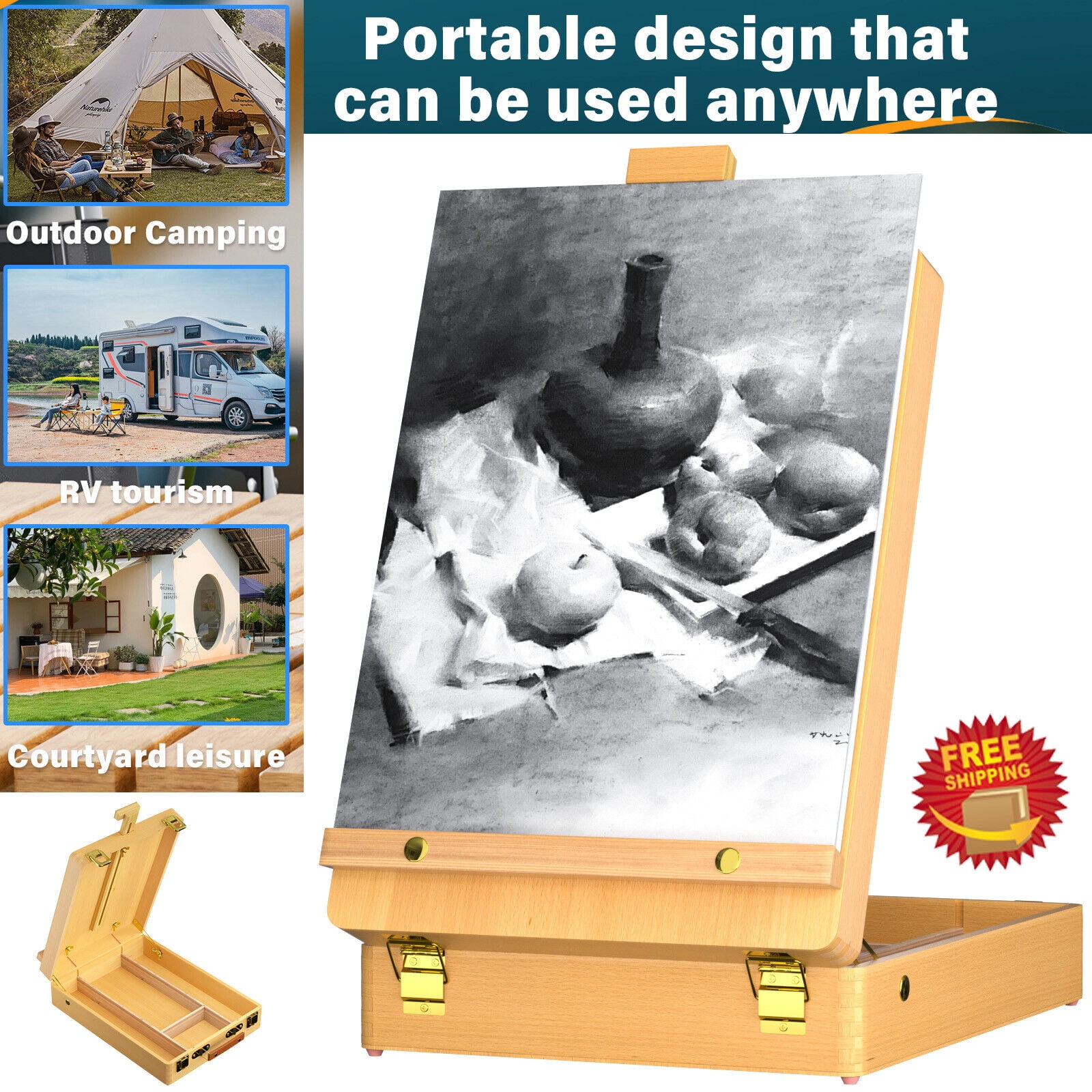 Dayplus Wooden Table Sketching Box Artist Box Easel Portable Storage ...