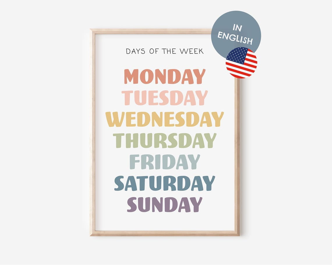 Days Of The Week Educational Poster English In A4 & A3 For Kids Room ...
