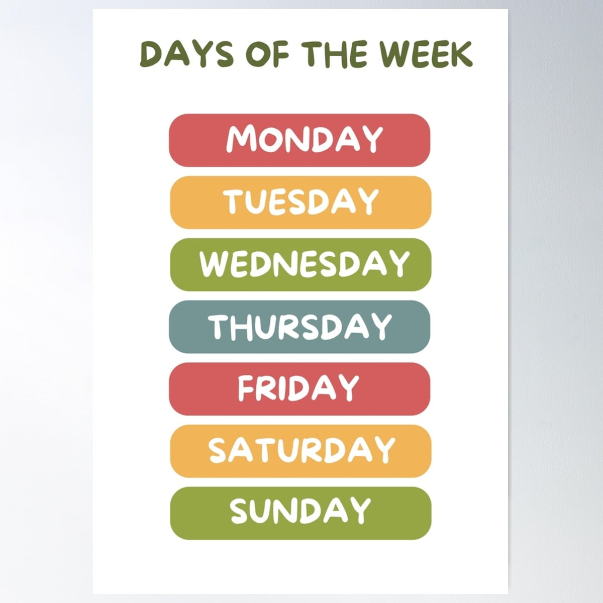 Days Of The Week Educational Poster For Kids | Learning Wall Art By ...