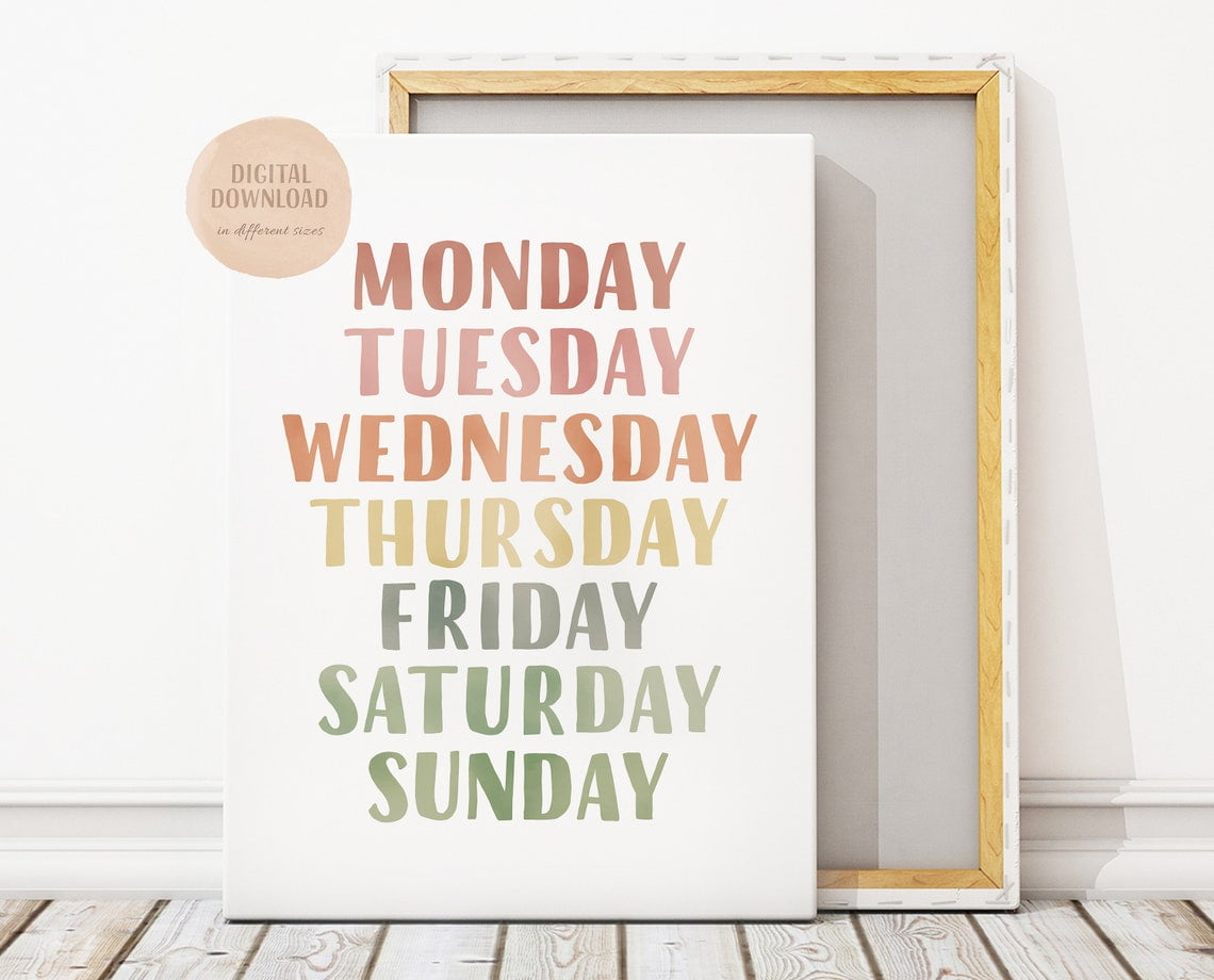Days Of The Week Poster, Playroom Educational Poster, Rainbow Nursery ...
