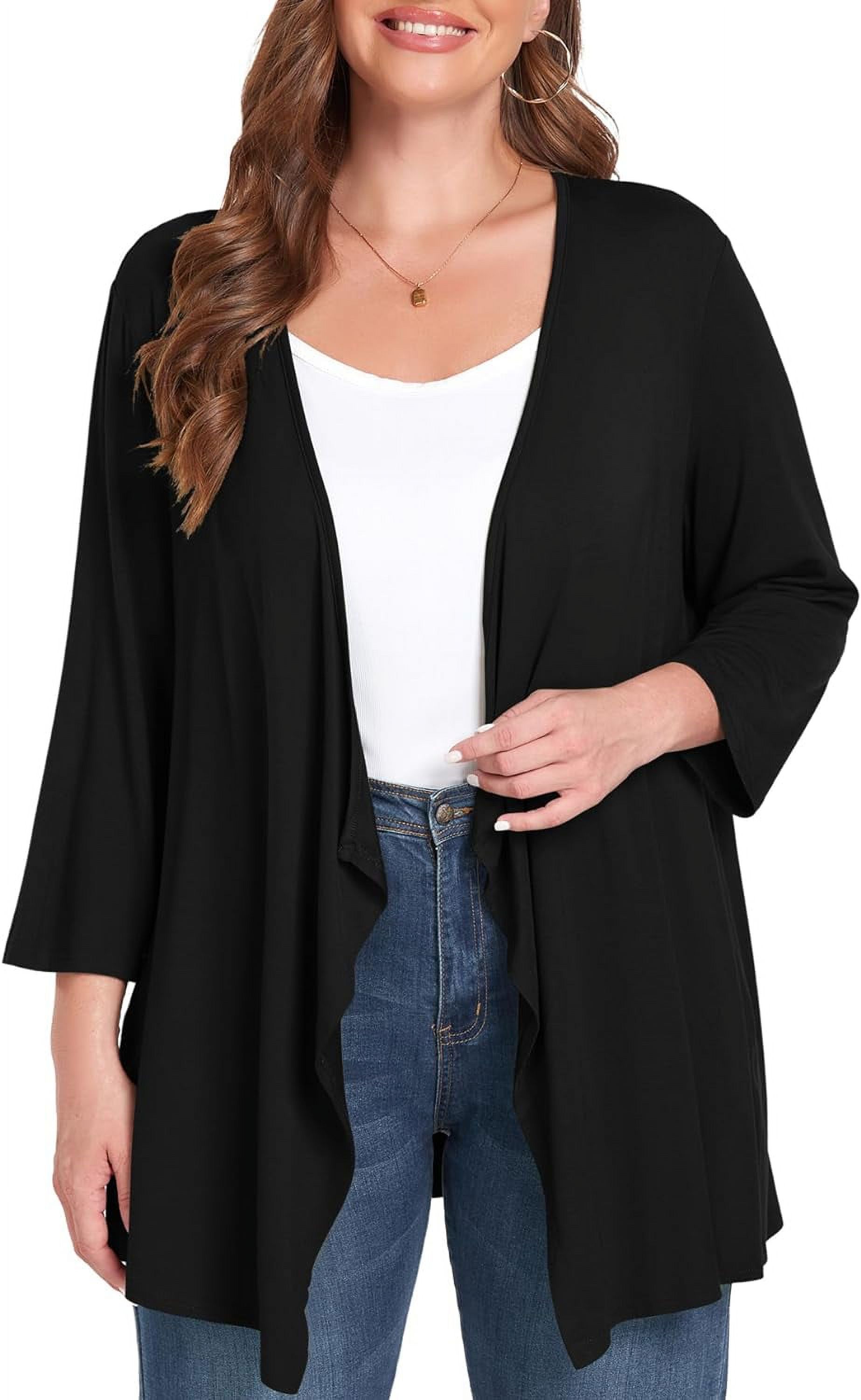 SAYFUT Plus Size Women's Open Front Mesh Panel 3/4 Bell Sleeve Kimono ...