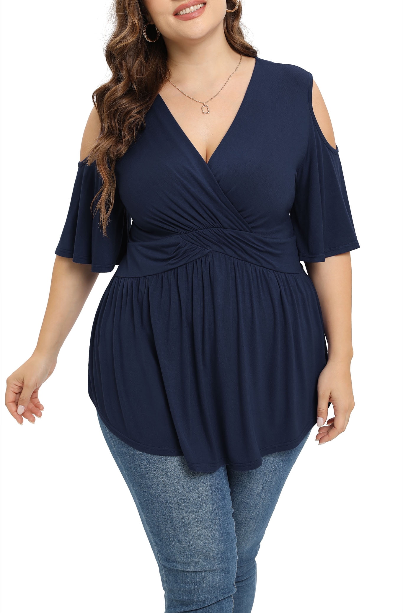 Daystry Plus Size Tops, Cold Shoulder, V-Neck, Empire Waist, Navy Blue ...