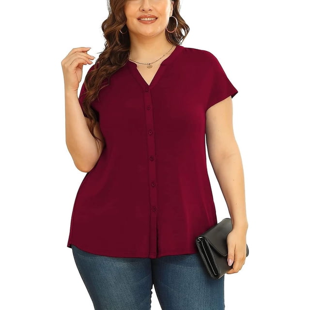 Daystry Women's Plus Size Blouse, Button Down Short Sleeve, V Neck ...
