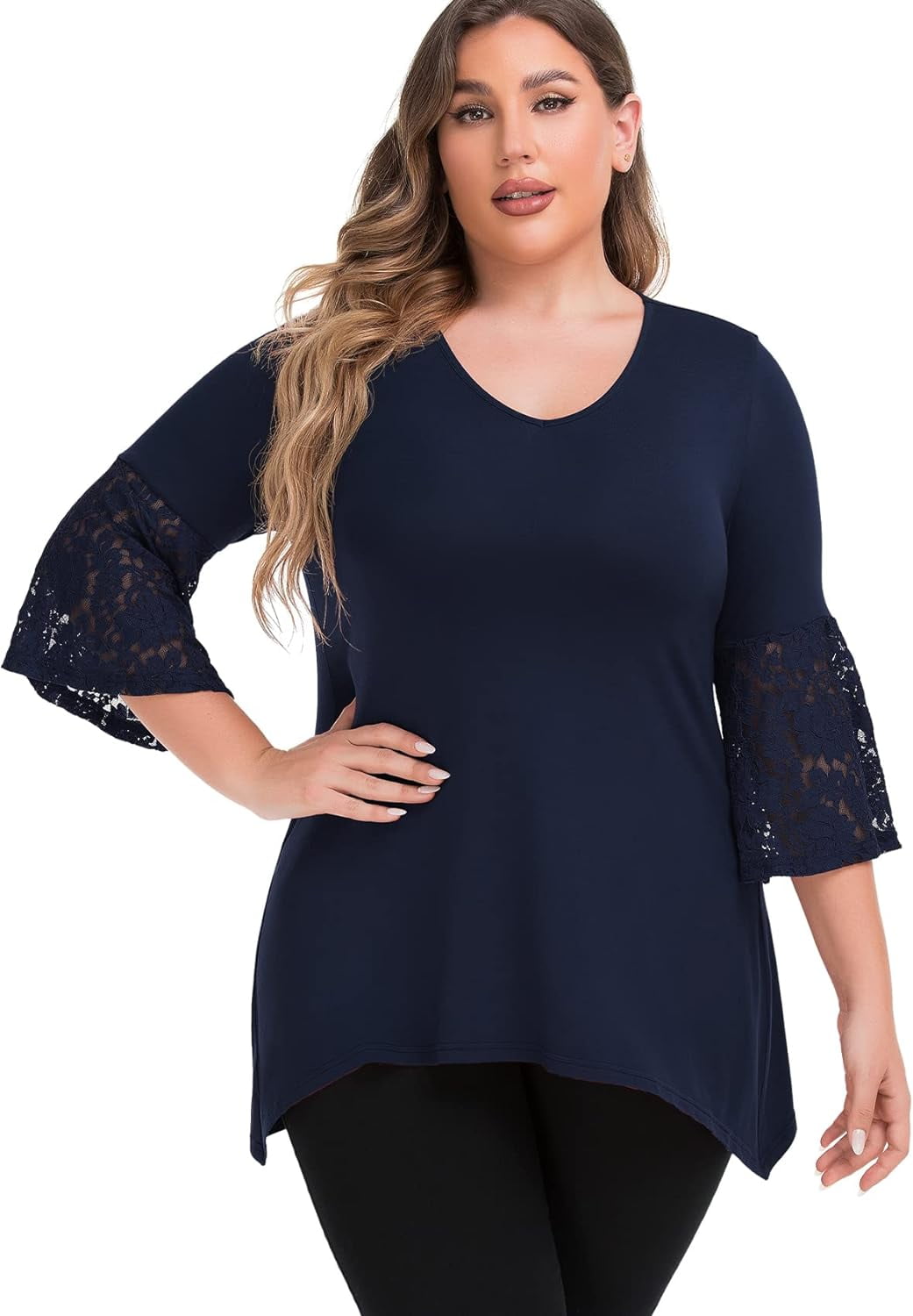 Daystry Women's Plus Size Top 3/4 Sleeve Shirt Dressy Tunic Blouse Navy ...