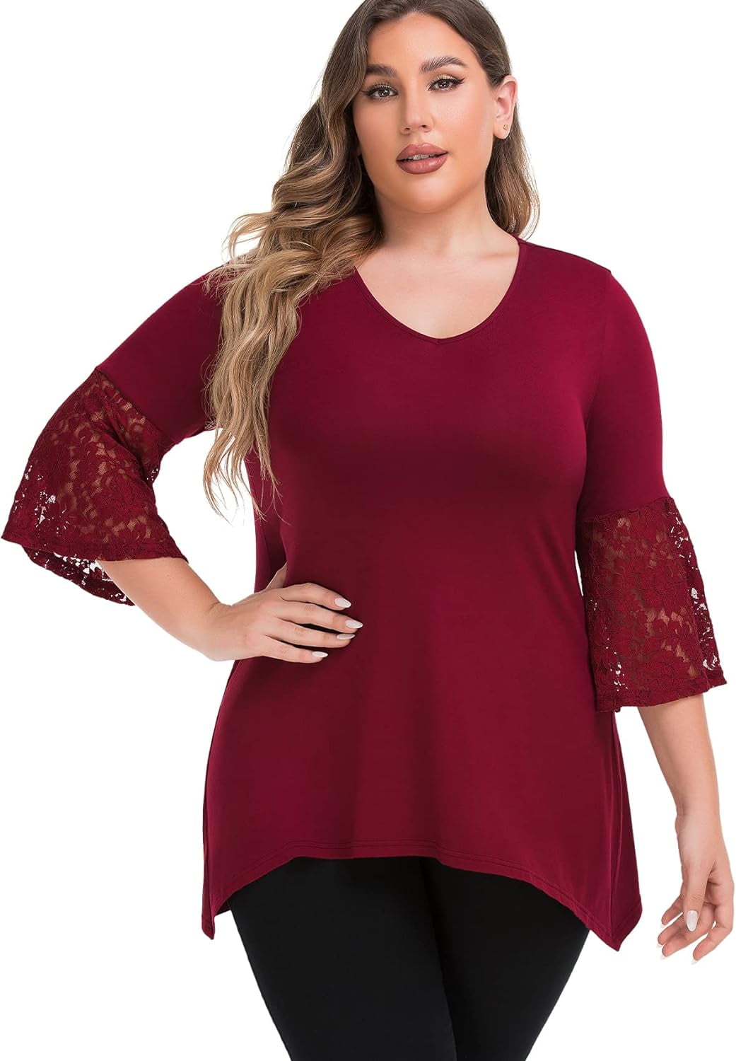 Daystry Womens Plus Size Top 34 Sleeve Shirt Dressy Tunic Blouse Wine Red 2x