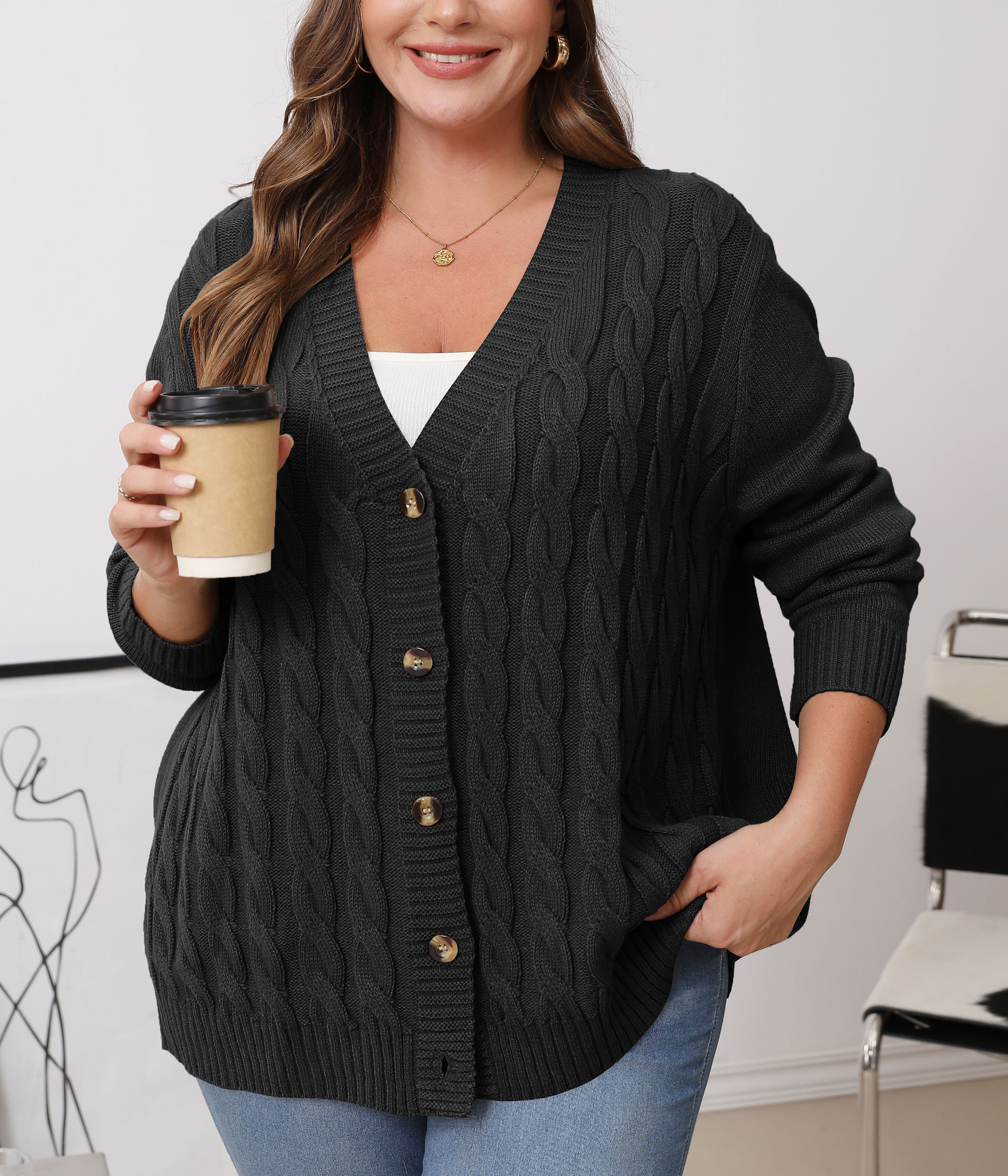 Otvok Womens Outerwear Clearance Cable Knit Long Cardigan Open Front ...