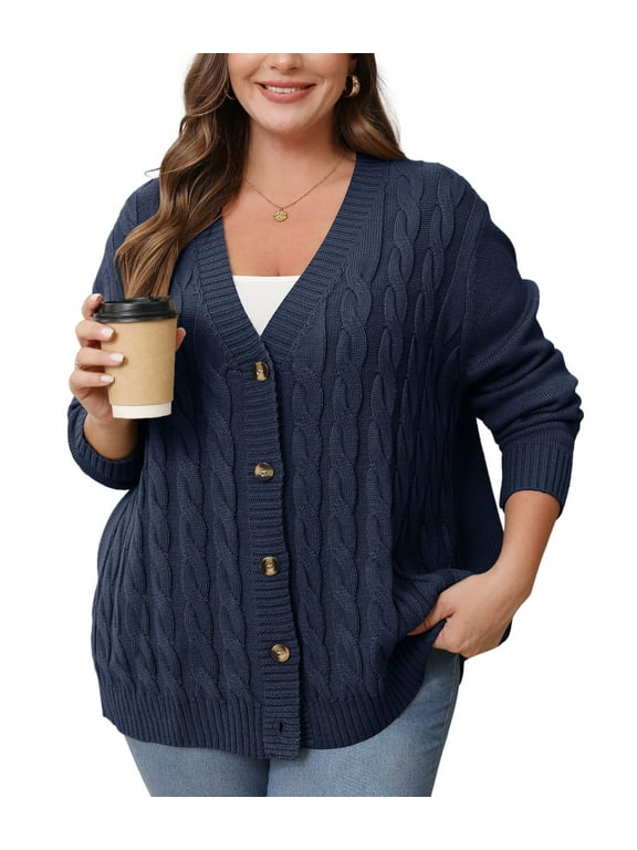 Women Solid Color Long Sleeve V Neck Cardigan Sweater Buttons Short ...