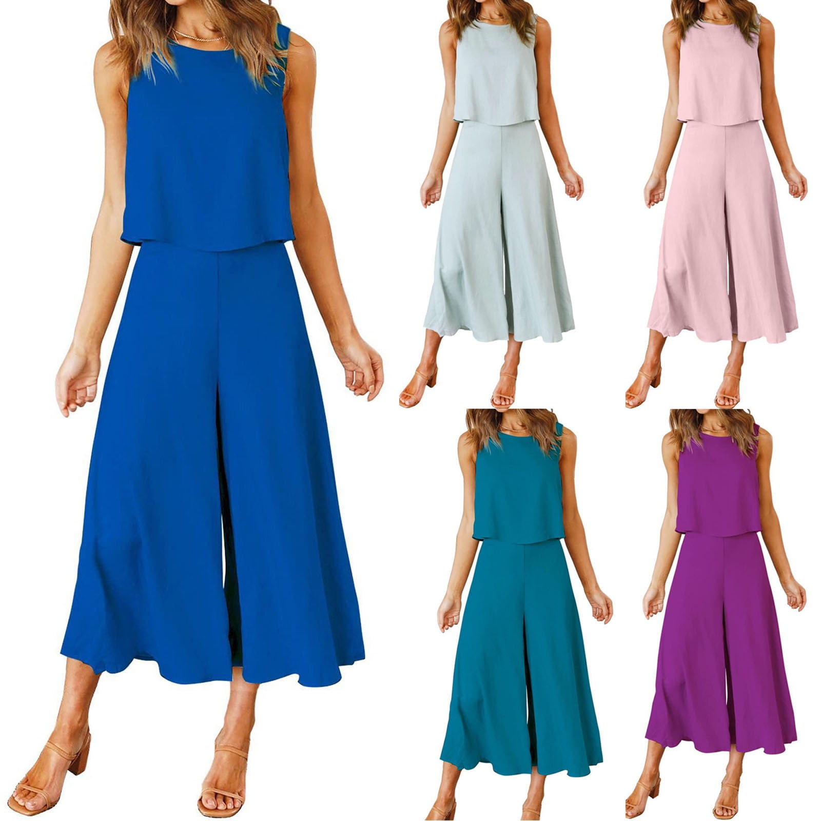 Dazajoo 2 Piece Cotton Linen Sets for Women Summer Crop Tank Tops and Wide Leg Pants Casual ...