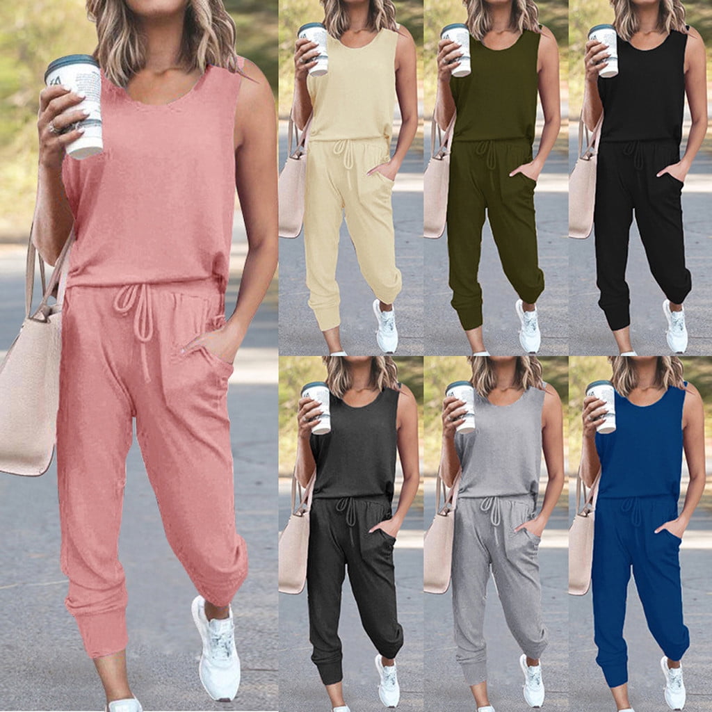 Dazajoo 2 Piece Jogger Sets for Women Summer Sleeveless Tops Long Pants Tracksuit Sets 2024 ...