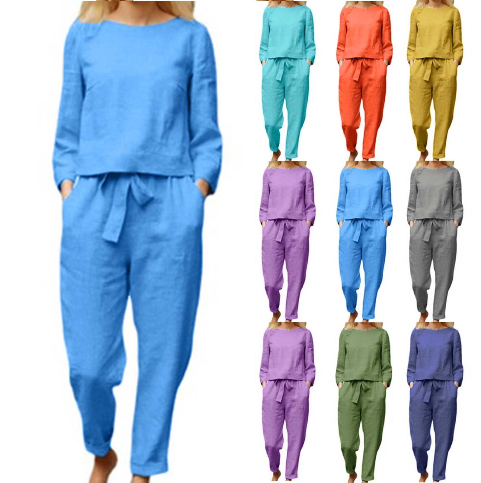 Dazajoo 2 Piece Linen Outfits for Women Long Sleeve Round Neck Tops with Drawstring Pants Summer ...