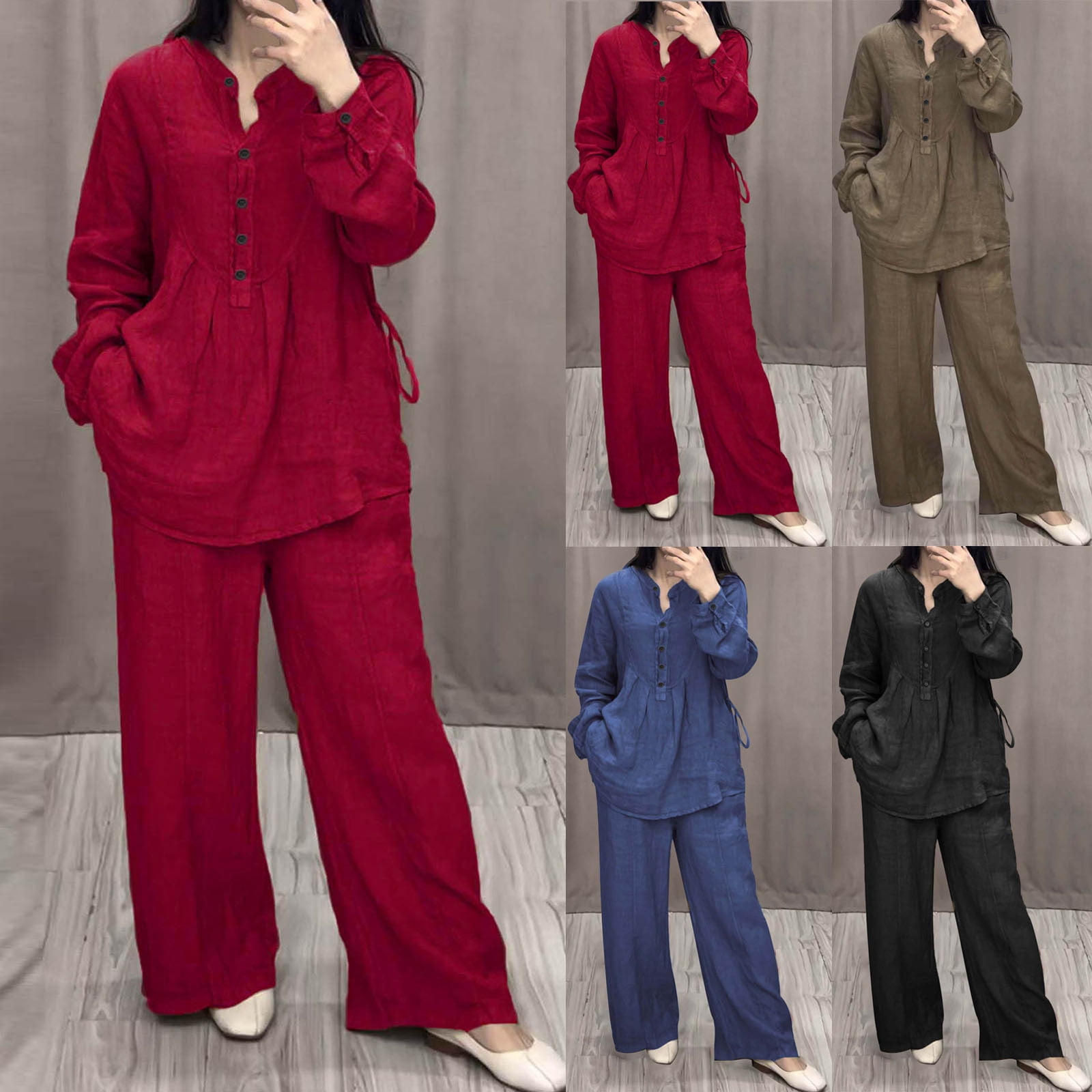 Dazajoo 2 Piece Linen Set for Women Summer Beach Long Sleeve Button V ...