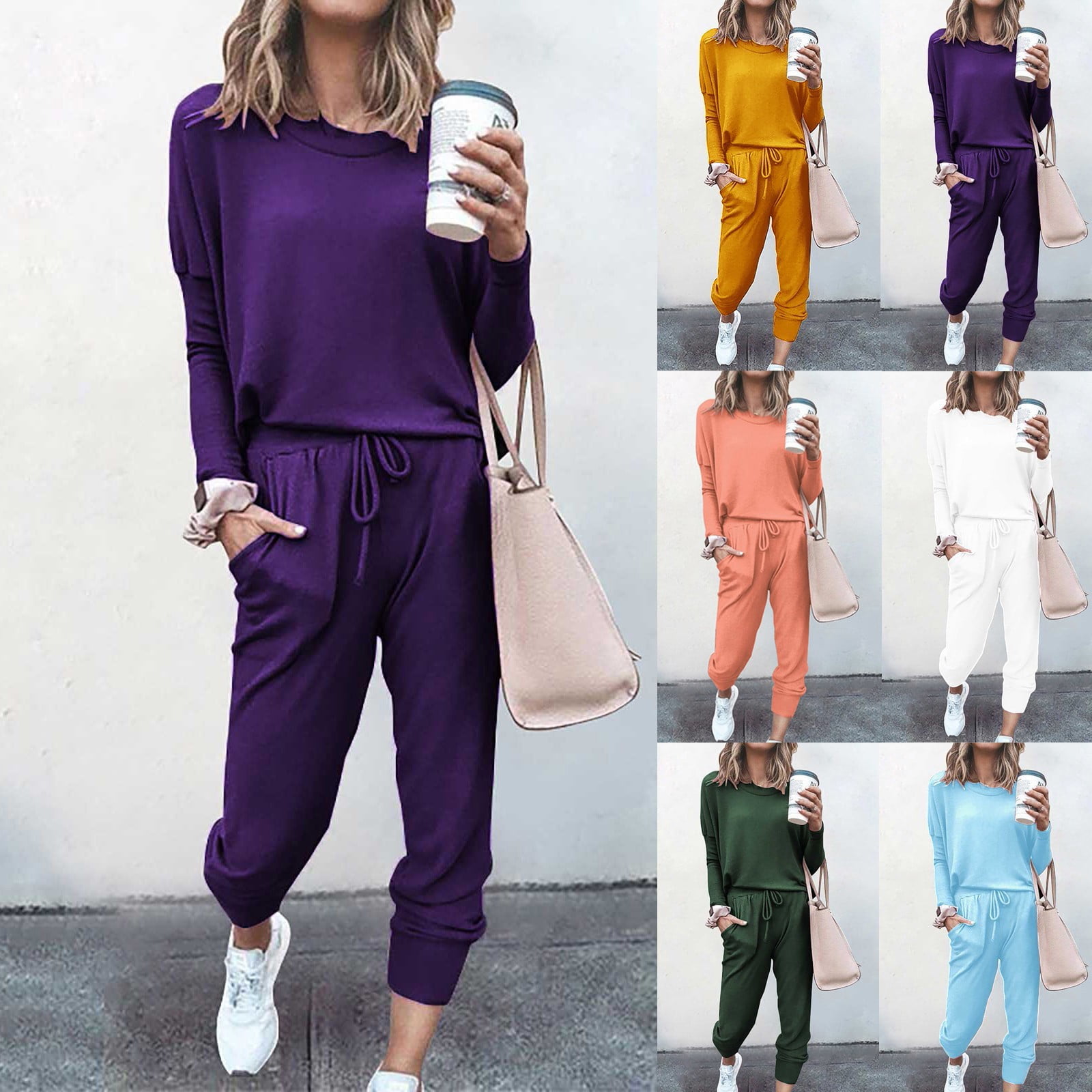 Dazajoo 2 Piece Long Sleeve Jogger Sets for Women Round Neck Pullover ...