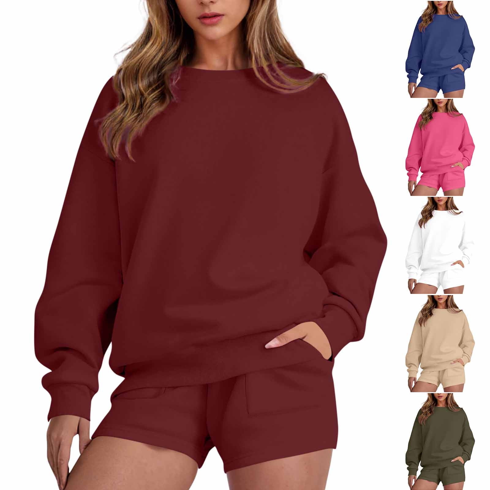 Dazajoo 2 Piece Outfits for Women Long Sleeve Sweatshirt & Shorts Lounge Matching Sets Solid ...